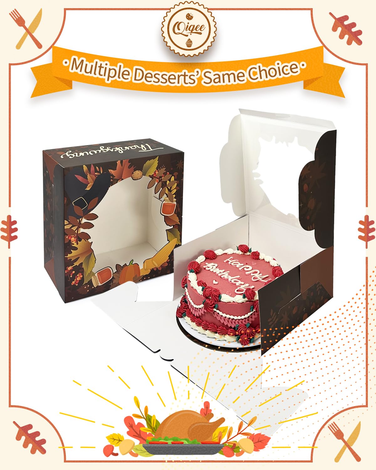 qiqee Thanksgiving Brown Pumpkin Cake Boxes 10x10x5 inch Bakery Box with Window 12packs Pastry Box For Thanksgiving