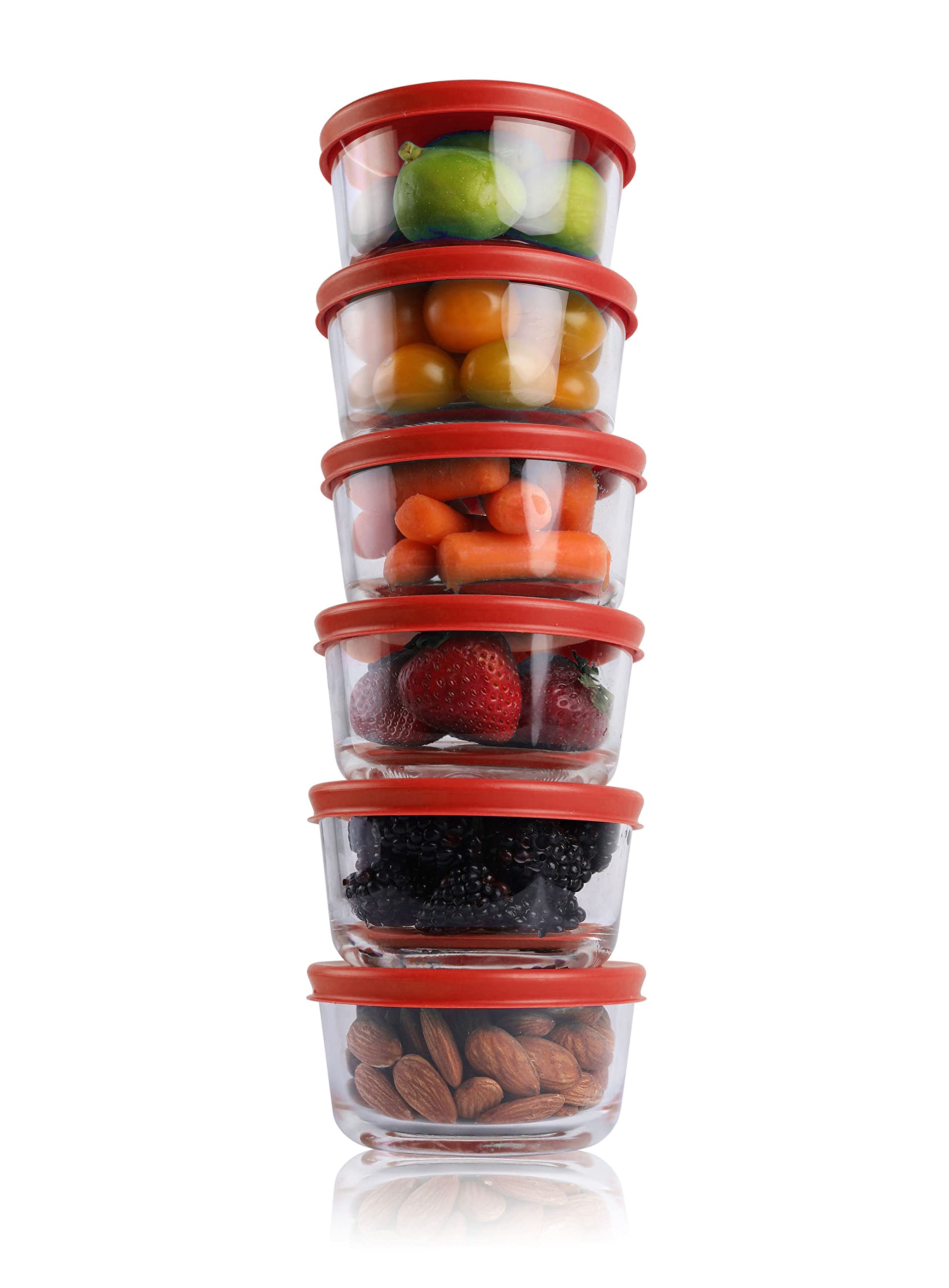 BOVADO USA 1 Cup Glass Food Storage Containers (6 Pack) | Nonpourous Dishwasher, Freezer & Oven Safe Glass, Easy-Clean | Red Lids