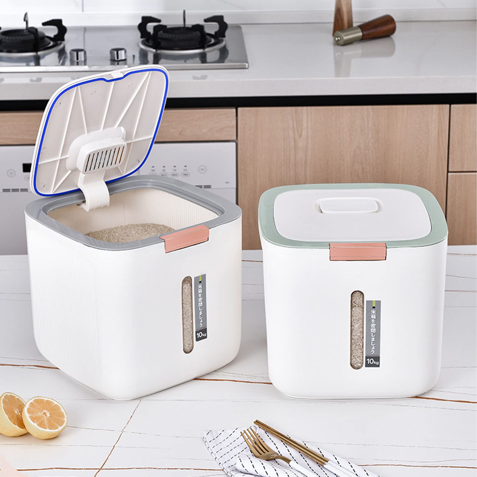 Rice Storage Container, 22.lb Food Storage Container with Lid and Measuring Cup, Moistureproof Cereal Grain Storage Box for Beans Grain Flour and Pet Food (Light Green)
