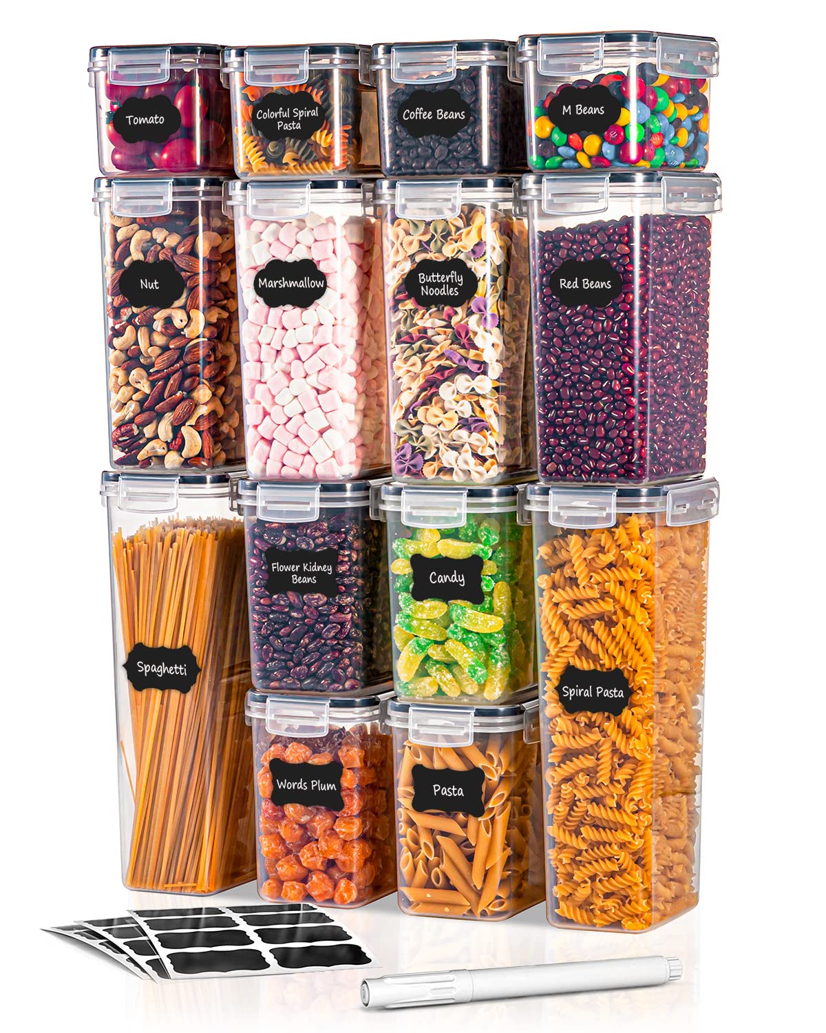 DMH [14 Pack] Airtight Food Storage Containers With Lids For Kitchen Organization And Storage Pantry Flour Sugar Pasta Dry Food Cereal Container - Free Labels Marker & Spoon Set