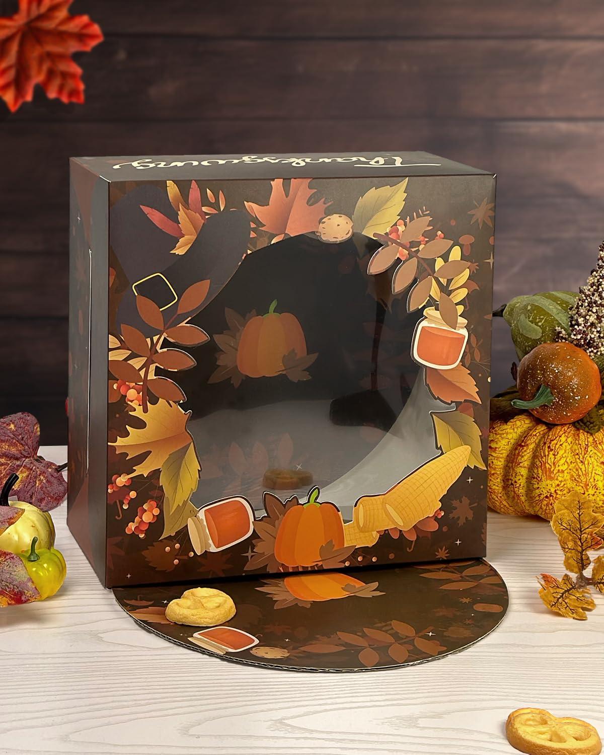qiqee Thanksgiving Brown Pumpkin Cake Boxes 10x10x5 inch Bakery Box with Window 12packs Pastry Box For Thanksgiving