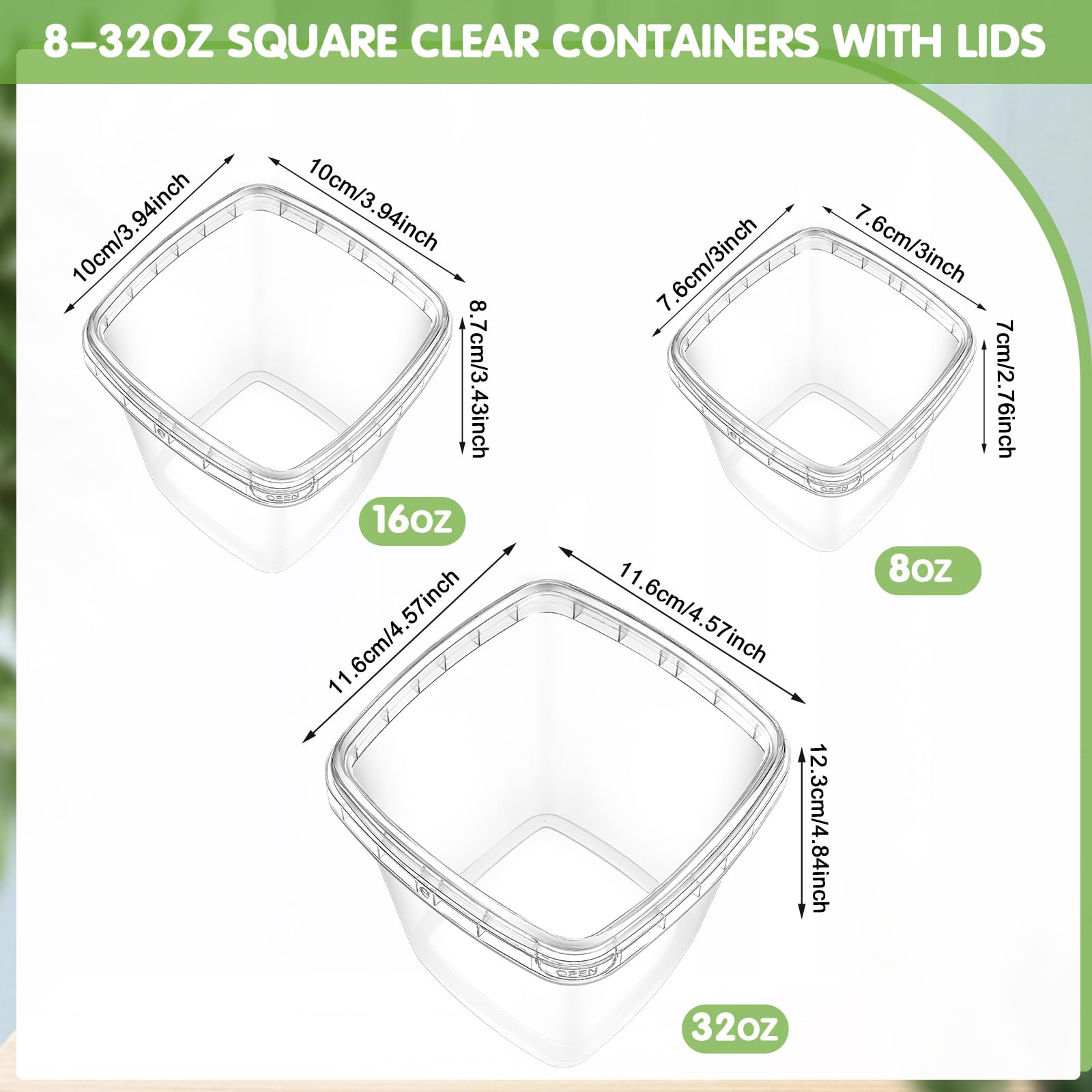 Sliner 60 Sets Square Deli Containers with Lids Clear Food Storage Containers Plastic Freezer Microwaveable Safe Deli Cups Leak Proof Airtight Meat for Restaurant(32oz, 16oz, 8oz)