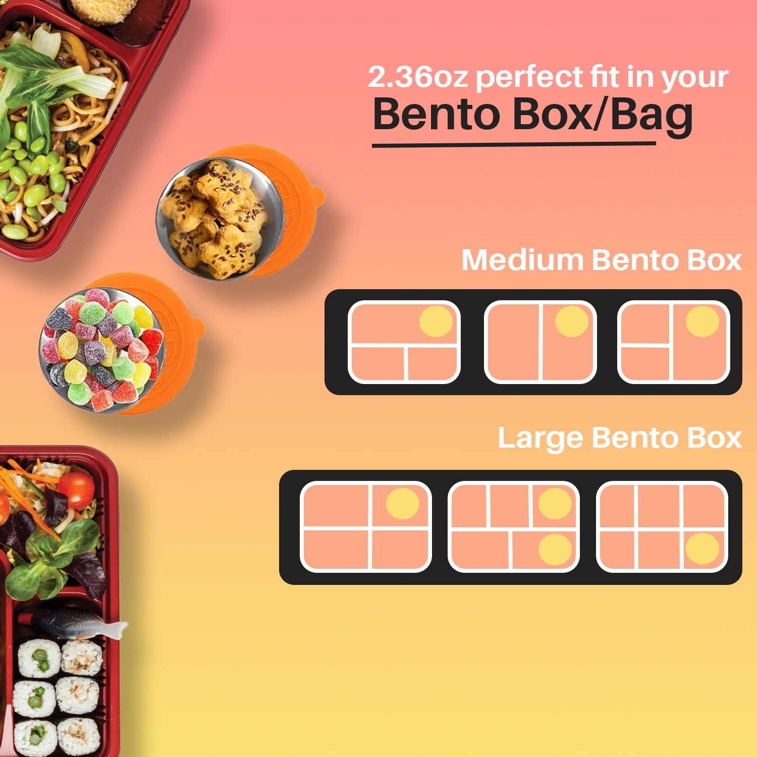 Pack of 6 Salad Dressing Container To Go: Small Condiment Containers with Lids, Reusable Stainless Steel Sauce Cups, Leakproof Silicone Lids for Bento Box, Picnic and Travel (Black - 2.36oz)