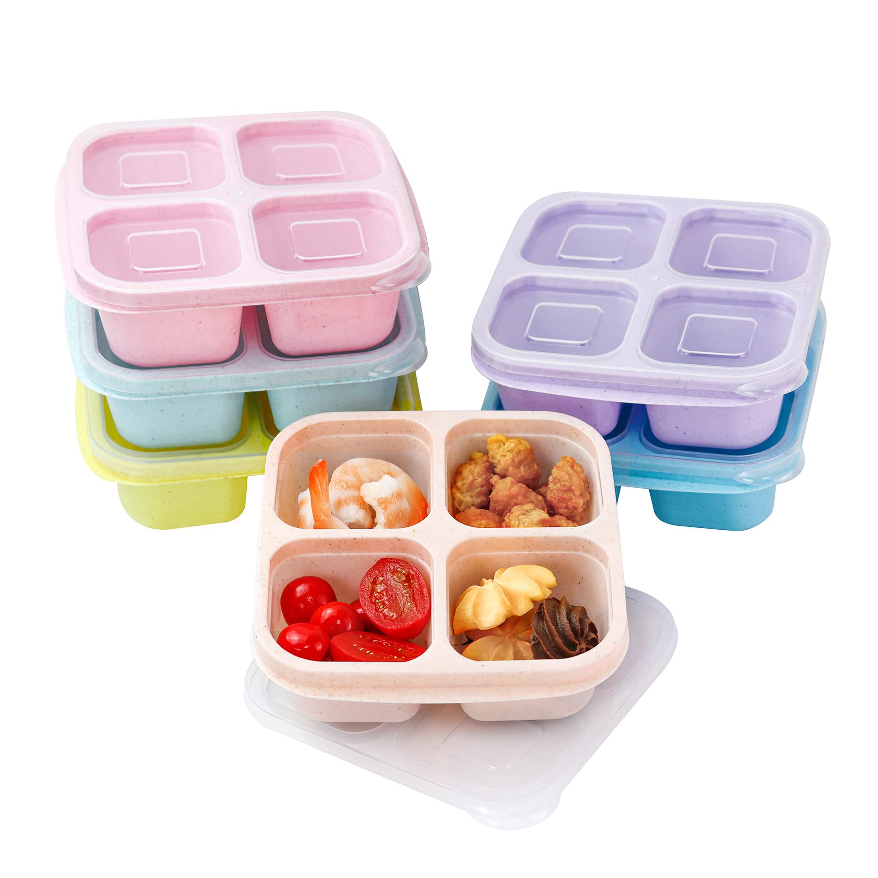 Finorder 6 Pack Snack Containers Kid, Wheat Straw Fiber 4 Compartment Reusable Bento Lunch Box, Meal Prep Lunch Containers for Kids Adults, Food Containers for School, Office and Travel