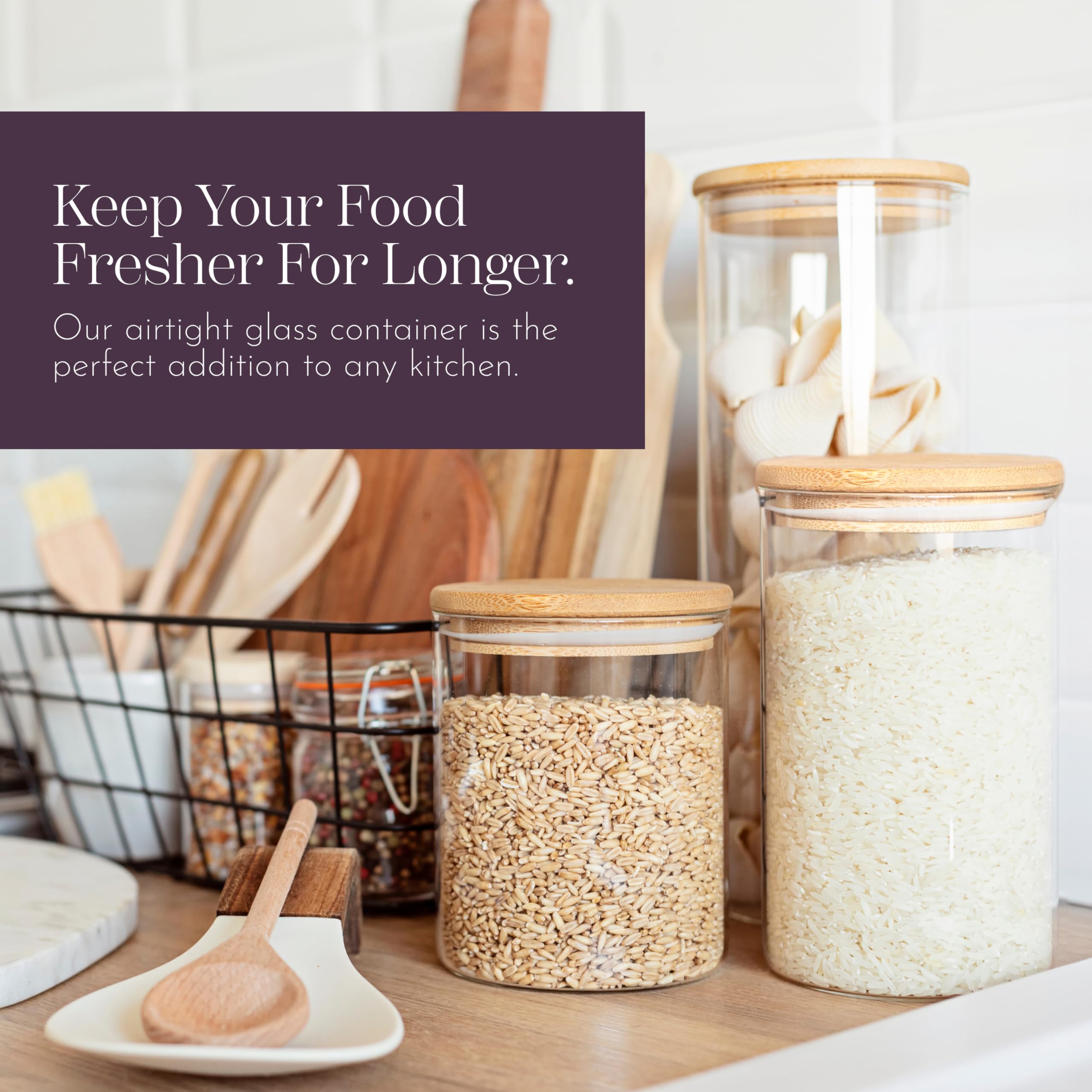 WHOLE HOUSEWARES Glass Jars with Bamboo Lids - 4-Piece Modular Set (33.8oz, 25.4oz, 15.2oz, 11.2oz) with Modern Wooden Lids - Transparent, Fresh & Convenient Air Tight Pantry Storage Containers