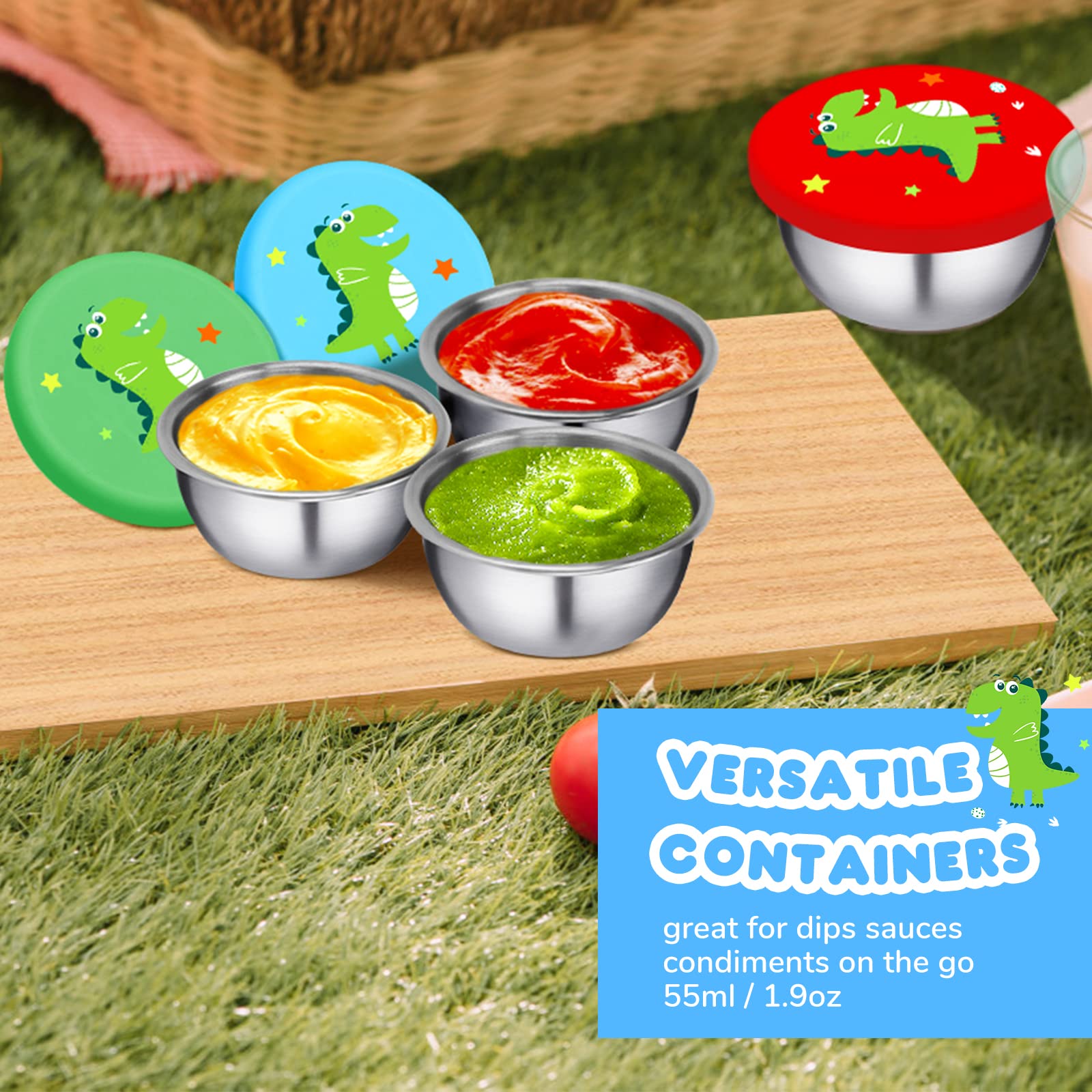MAIGOZON Kids Salad Dressing Containers To Go, 1.7 oz Small Condiment Containers with Dinosaurs Leakproof Silicone Lids, Reusable Stainless Steel Sauce Dip Cup for Kids Boys Lunch Bento Box, 4PCS