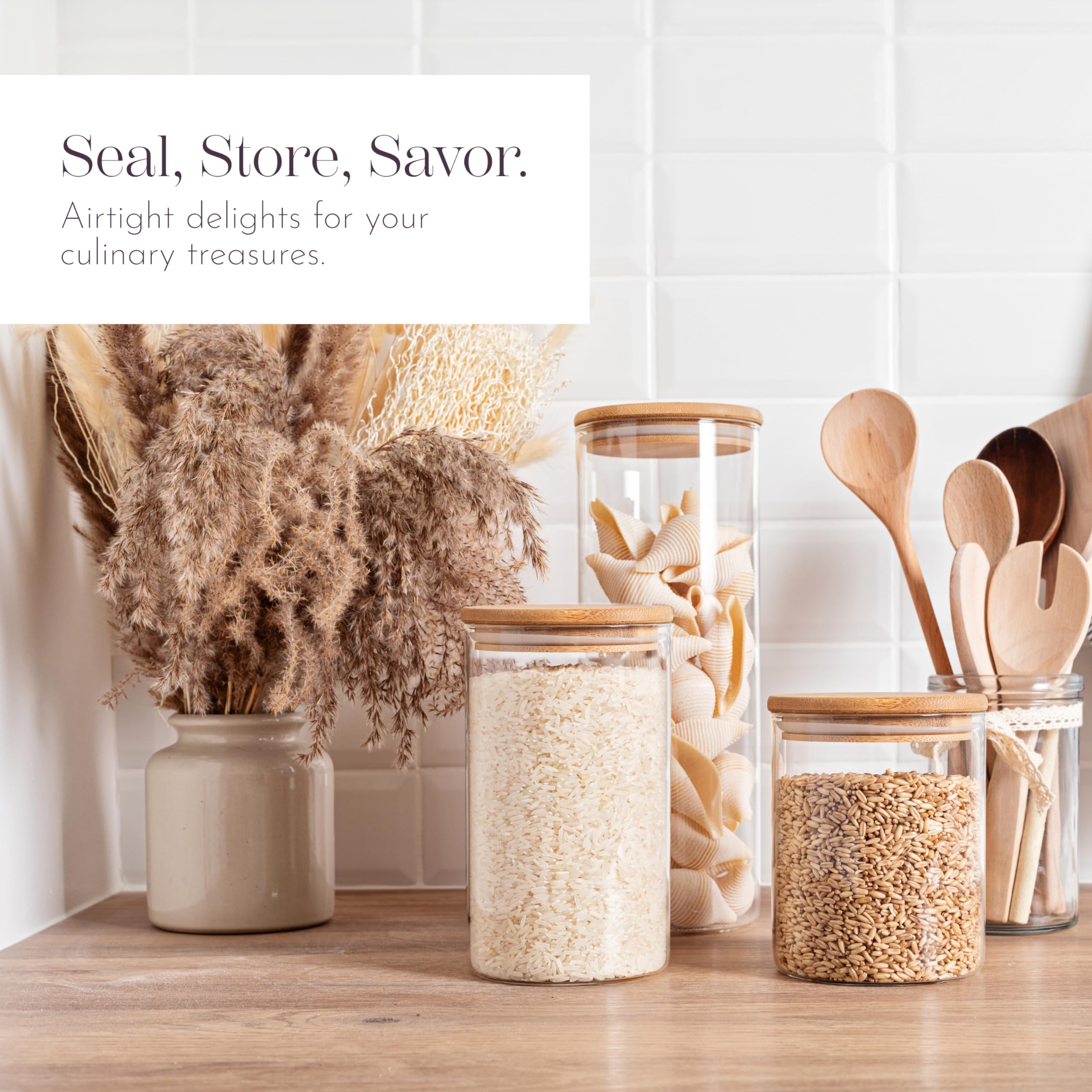 WHOLE HOUSEWARES Glass Jars with Bamboo Lids - 4-Piece Modular Set (33.8oz, 25.4oz, 15.2oz, 11.2oz) with Modern Wooden Lids - Transparent, Fresh & Convenient Air Tight Pantry Storage Containers