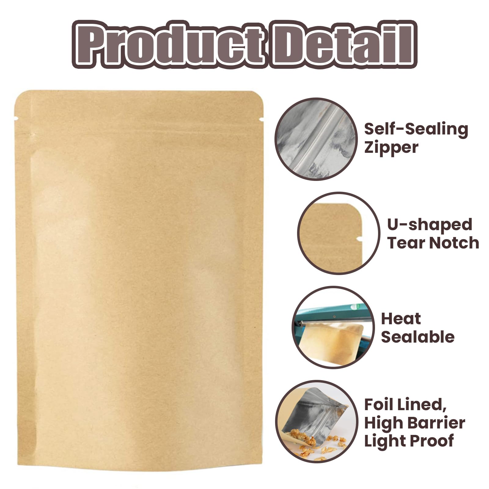 Muka 50 PCS Kraft Food Storage Pouch Bag Foil Lined Zip Lock Reusable Stand Up Bags,3.5" x 5.5" inch