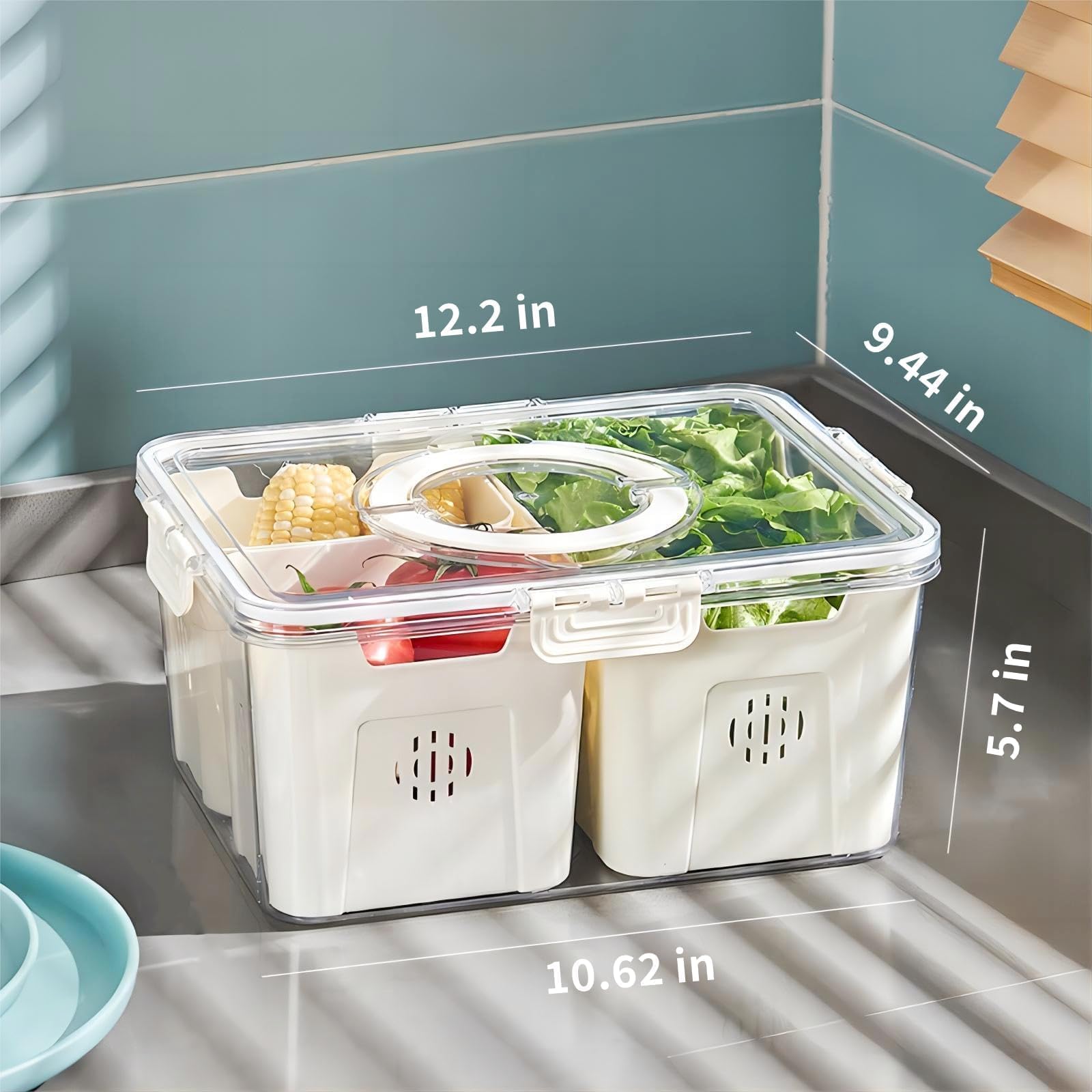 Fruit Containers for Fridge，Fresh Food Containers for Refrigerator，Fruit Containers for Fridge Keep Fresh，Food Box Container with 3 Removable Colanders for Berry，Vegetable, Refrigerator Organizer Bins