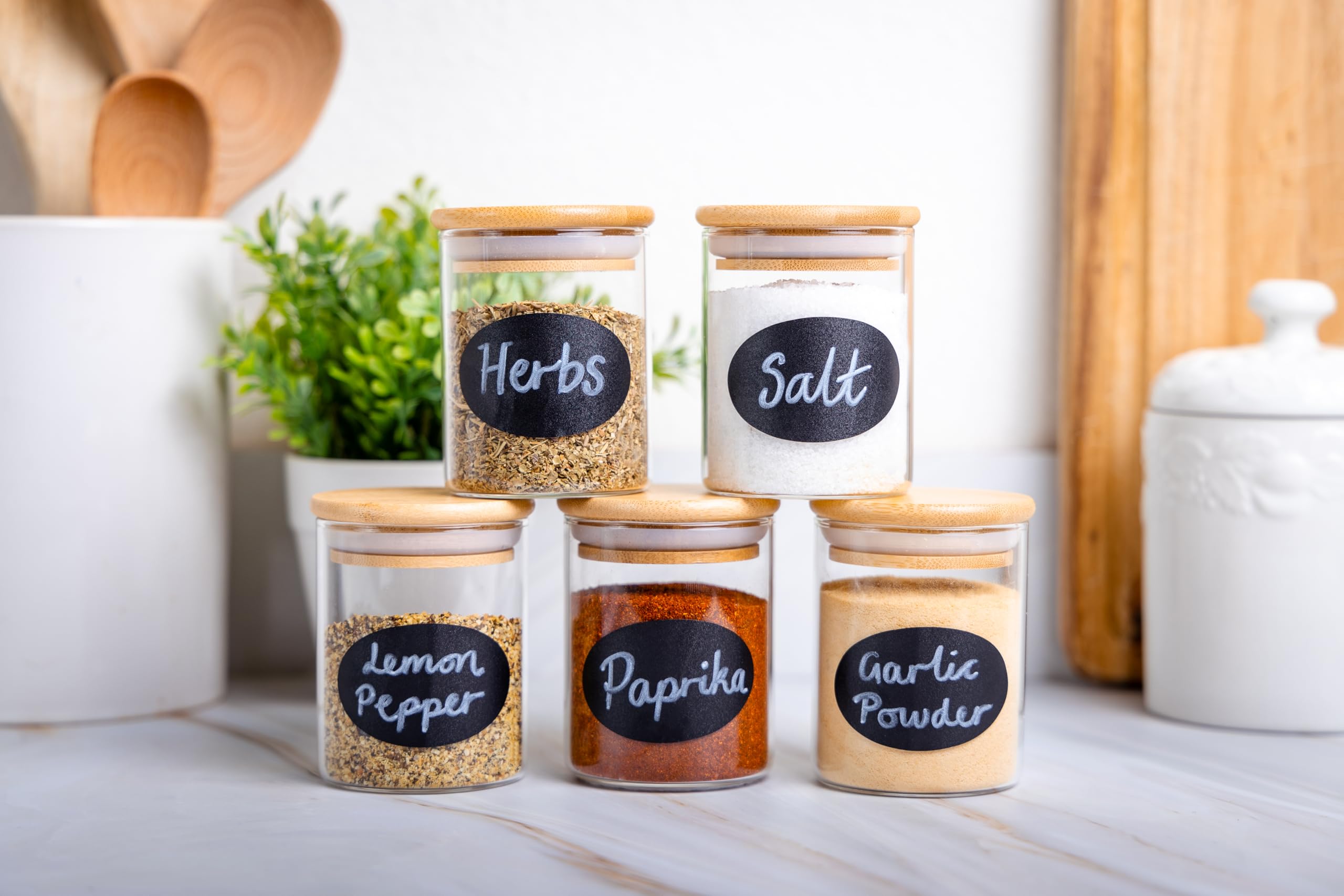 Spice Jar Set - 6oz Glass Spice Jars with Bamboo Lids and Labels, Perfect for Seasoning Containers, Food Storage, and Kitchen Spice Organization, Glass Spice Jars with Lids and Stickers, 2.5mm Thick