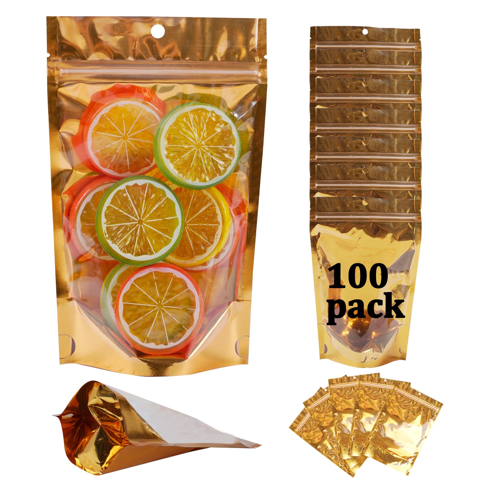 100 Pack Mylar Bags for Food Storage Resealable Aluminum Foil Stand Up Pouch with Window & Hang Hole 3.94×7.08 Inch Reusable Zipper Lock Food Packaging Heat Seal Bags for Small Business & Home - Gold