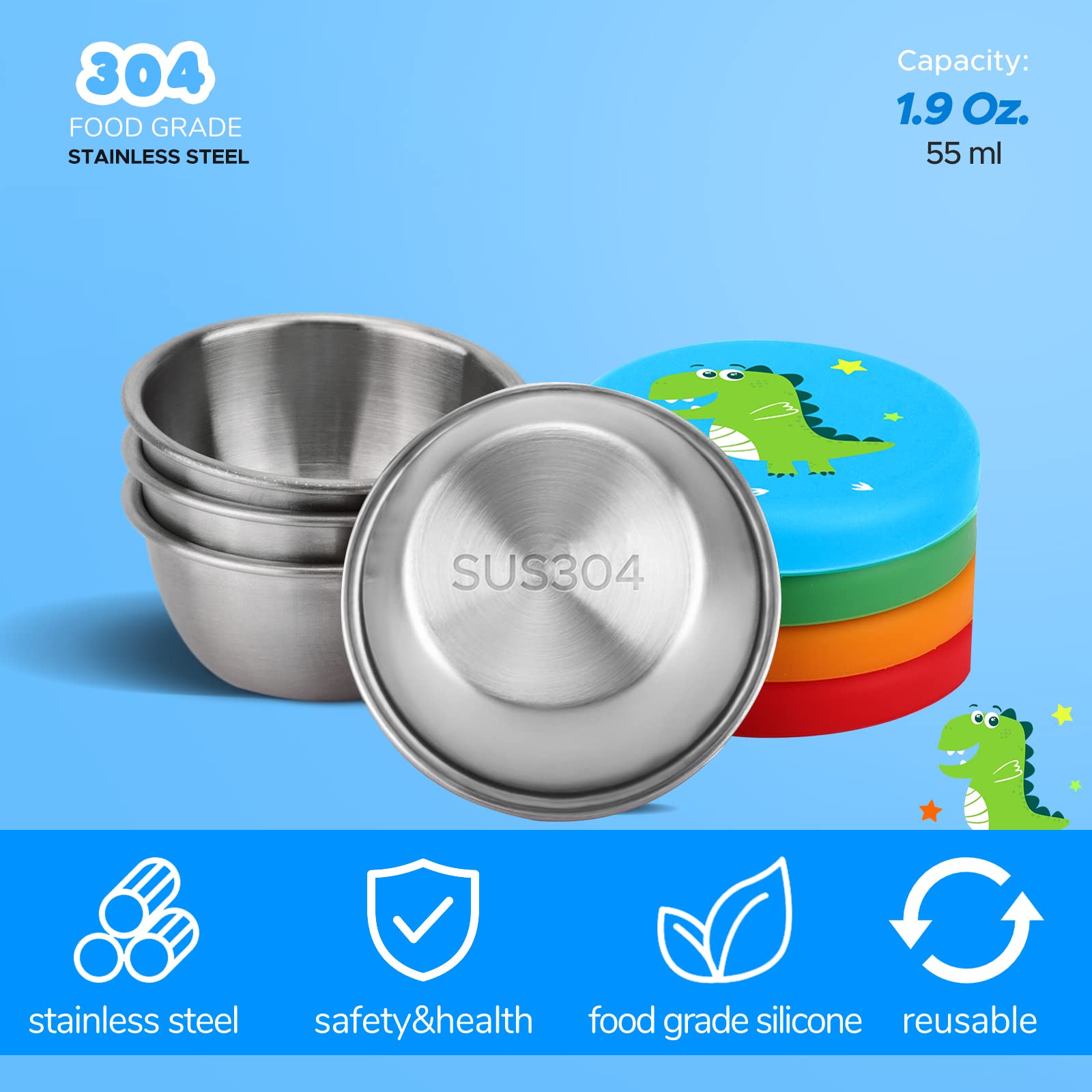 MAIGOZON Kids Salad Dressing Containers To Go, 1.7 oz Small Condiment Containers with Dinosaurs Leakproof Silicone Lids, Reusable Stainless Steel Sauce Dip Cup for Kids Boys Lunch Bento Box, 4PCS