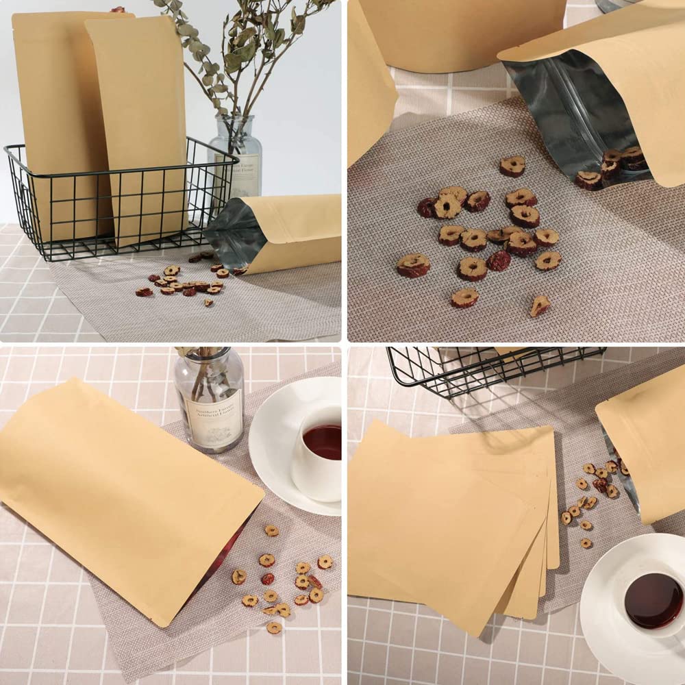 Muka 50 PCS Kraft Food Storage Pouch Bag Foil Lined Zip Lock Reusable Stand Up Bags,3.5" x 5.5" inch