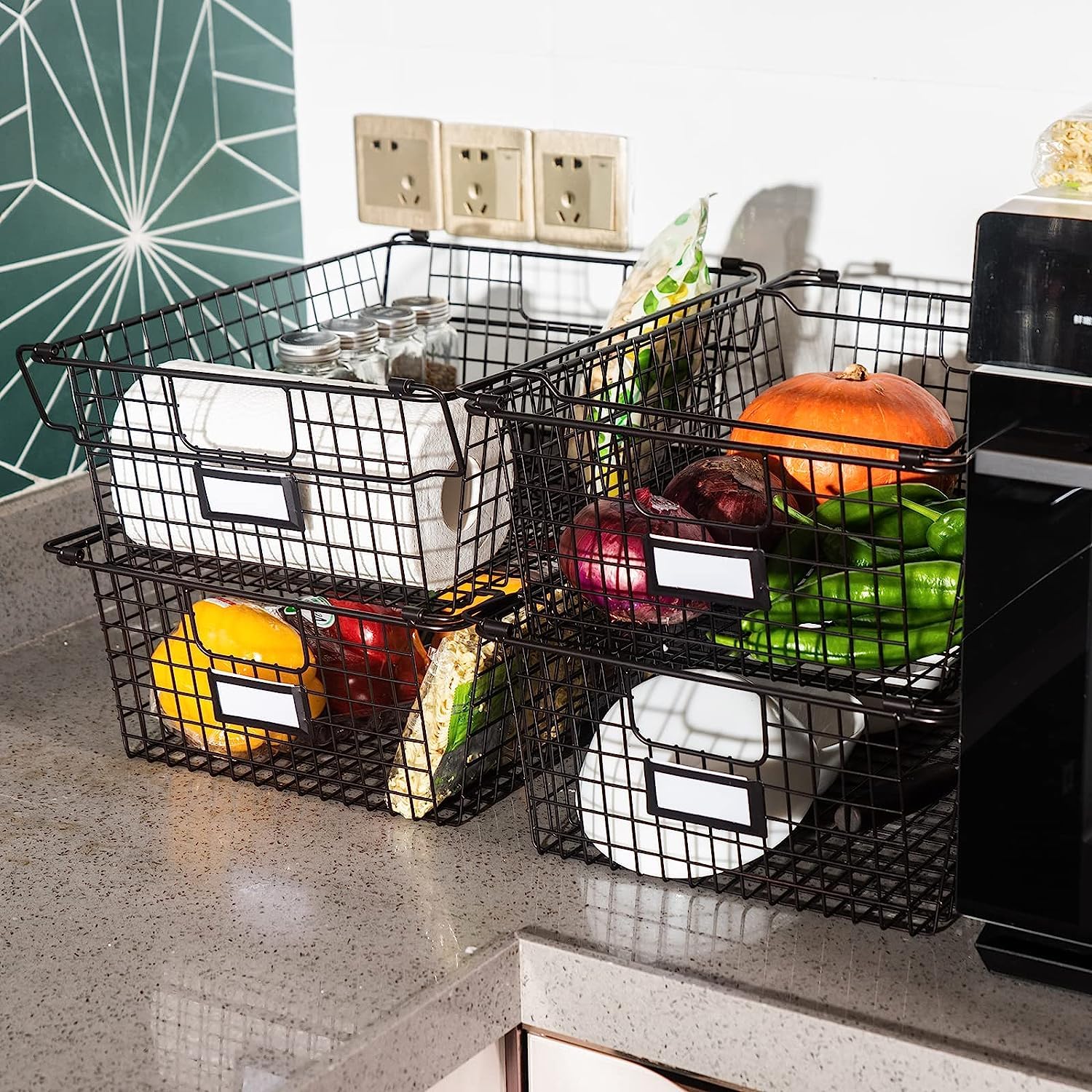 4 Pack Stackable Wire Storage Baskets With Handles,For Kitchen, Bathroom, Cabinets, Cupboards, Counter Top, Freezer & Pantry Organizer Bins, For Snacks, Drinks, Potatoes, Onions, Meat