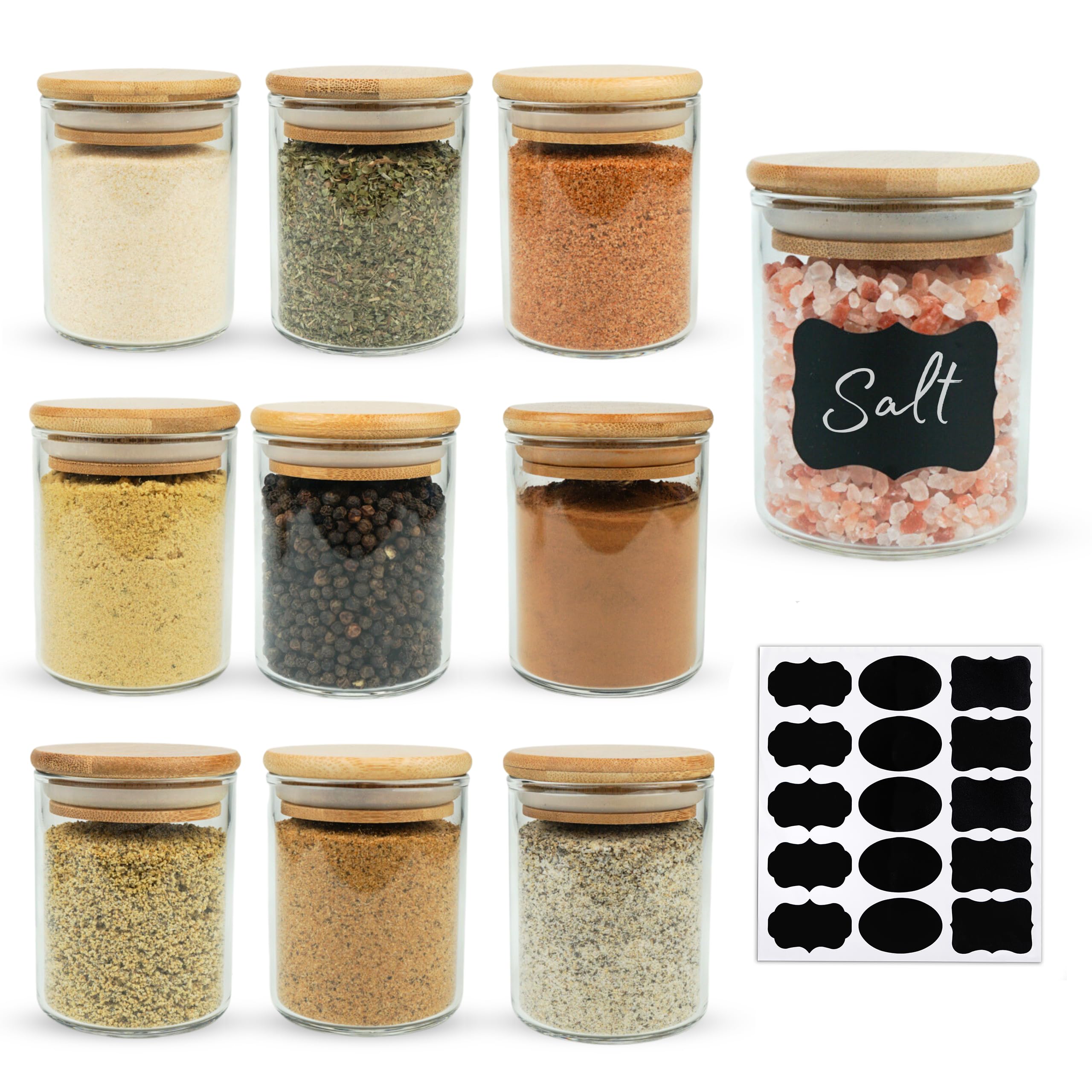 Spice Jar Set - 6oz Glass Spice Jars with Bamboo Lids and Labels, Perfect for Seasoning Containers, Food Storage, and Kitchen Spice Organization, Glass Spice Jars with Lids and Stickers, 2.5mm Thick