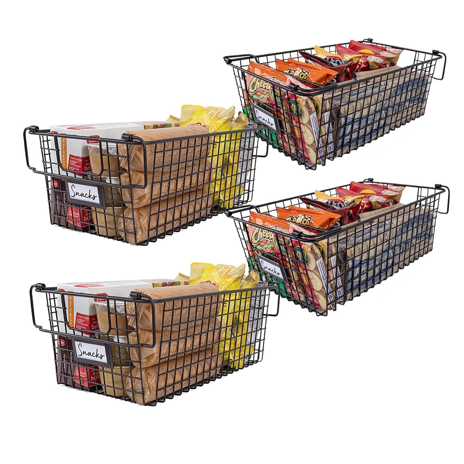 4 Pack Stackable Wire Storage Baskets With Handles,For Kitchen, Bathroom, Cabinets, Cupboards, Counter Top, Freezer & Pantry Organizer Bins, For Snacks, Drinks, Potatoes, Onions, Meat