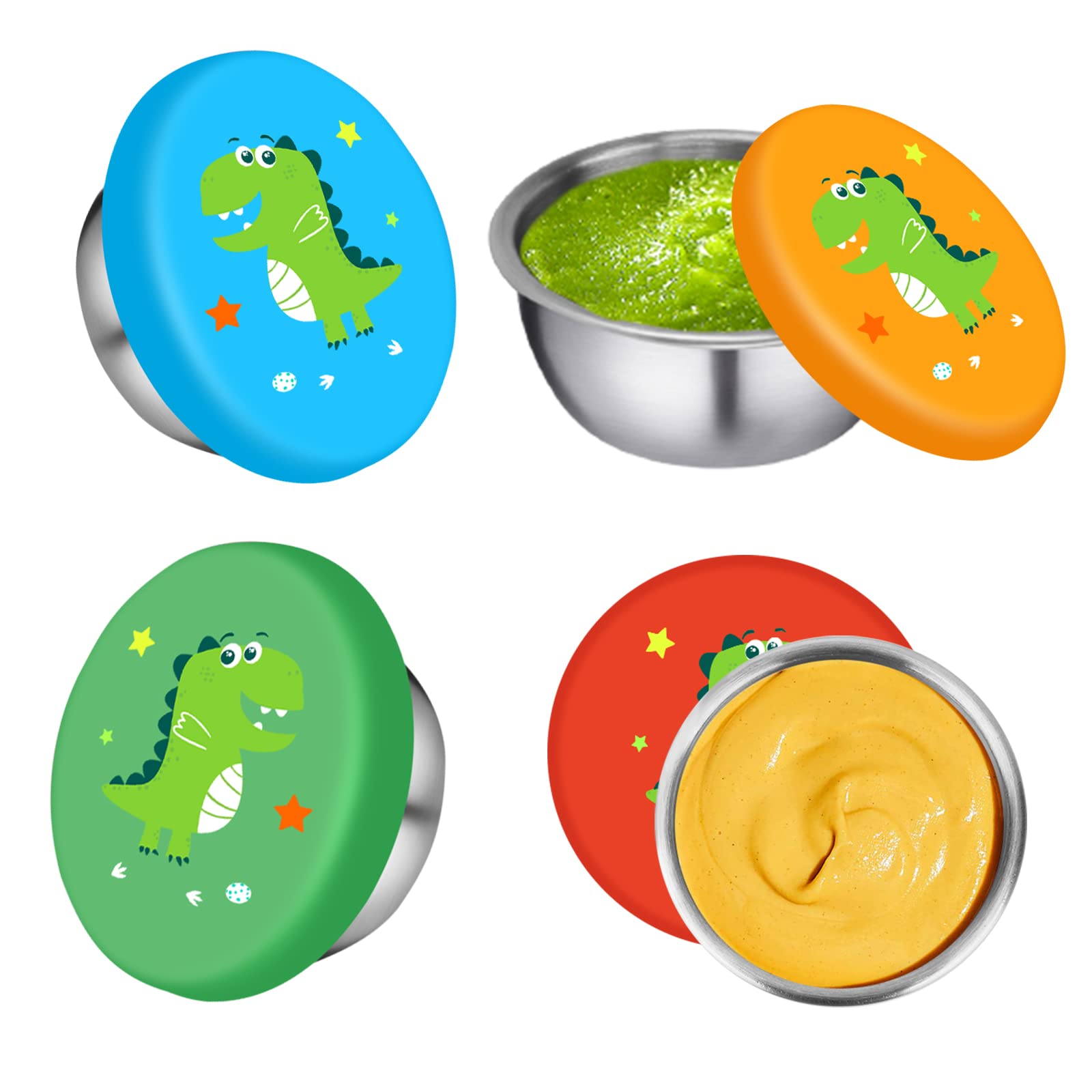 MAIGOZON Kids Salad Dressing Containers To Go, 1.7 oz Small Condiment Containers with Dinosaurs Leakproof Silicone Lids, Reusable Stainless Steel Sauce Dip Cup for Kids Boys Lunch Bento Box, 4PCS