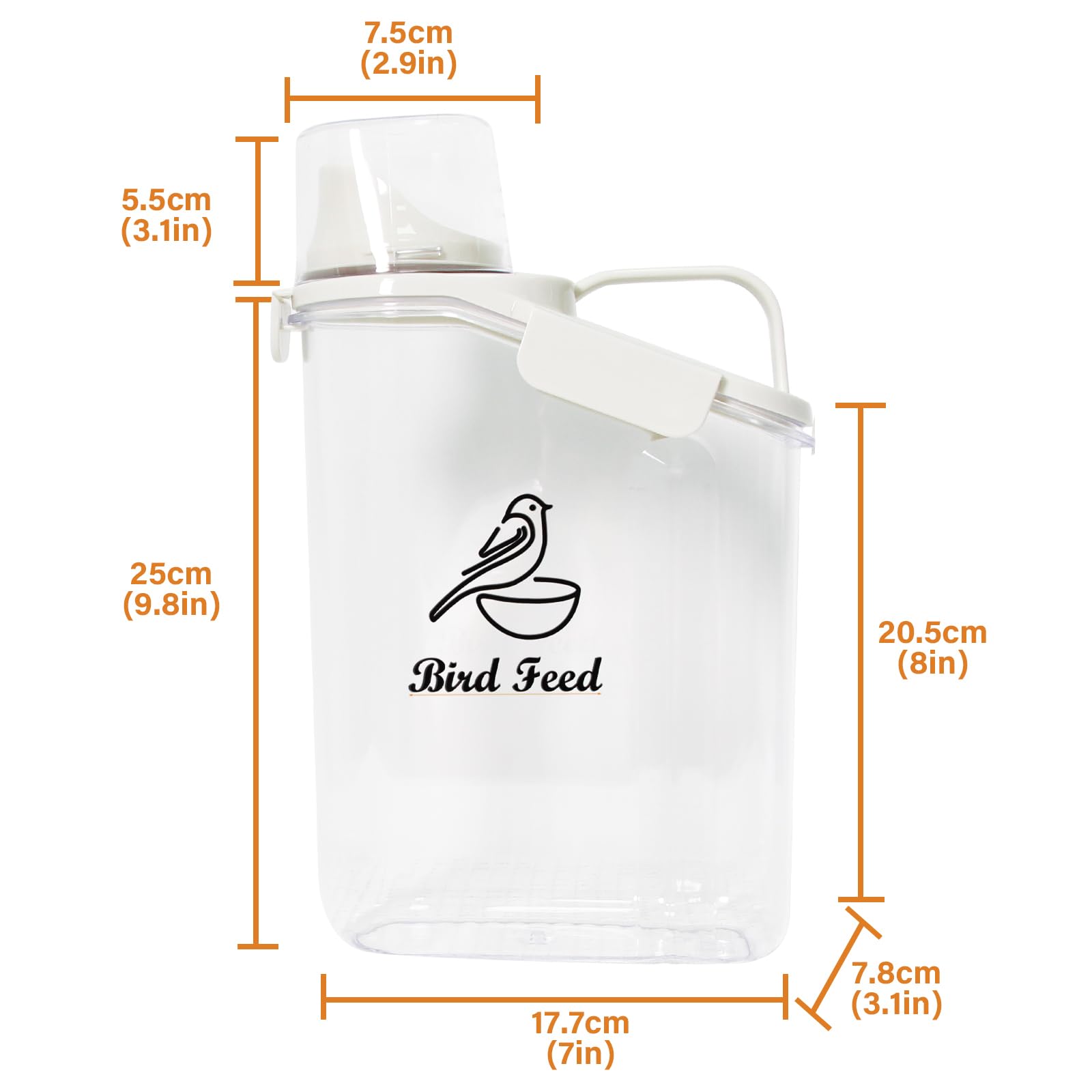Ctomche Bird Seed Storage Container,2.8L Airtight Bird Food Container with Handle and Measuring Cup,Portable Pet Food Container for Wild Bird Sunflower Seed-BPA Free Transparent/White