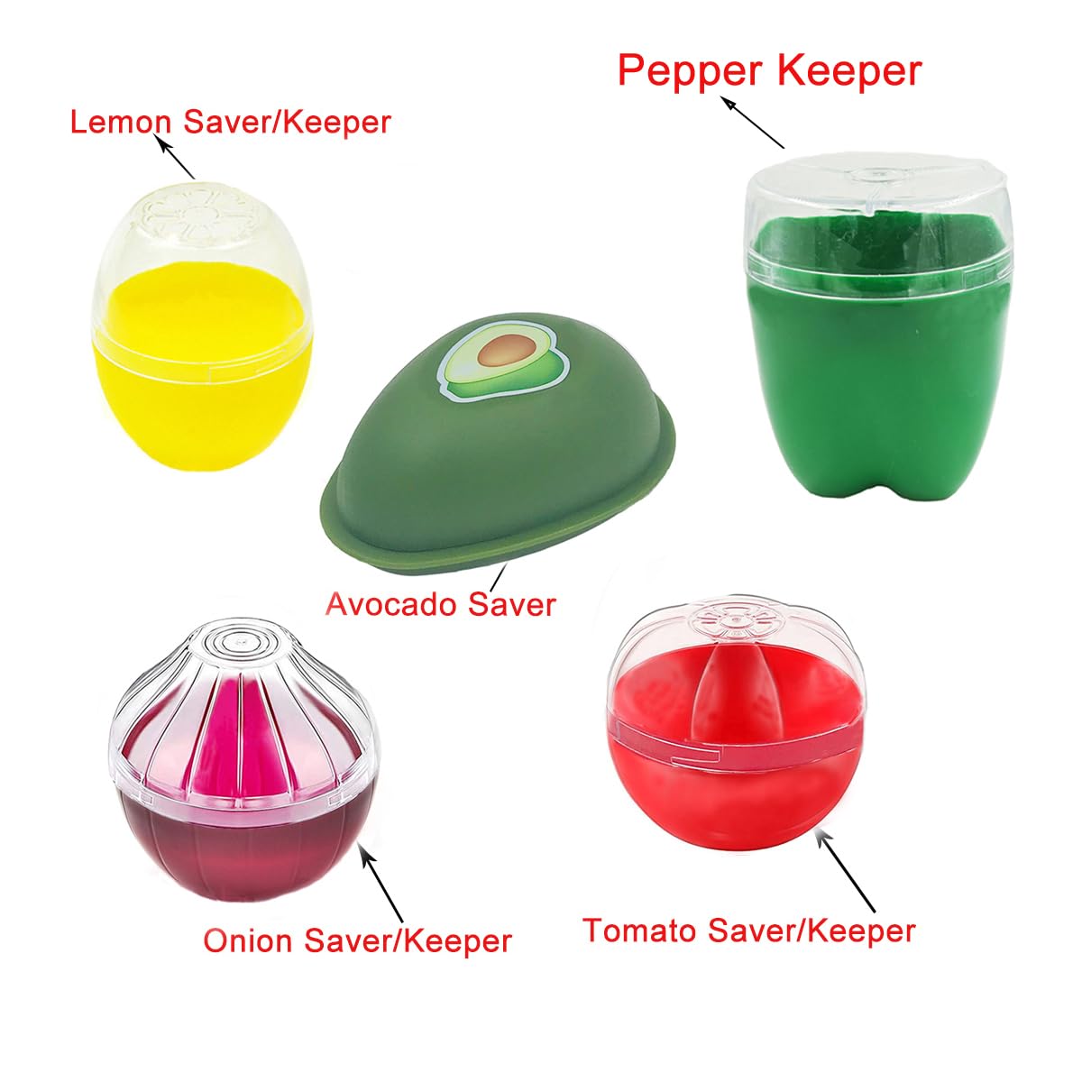 Yamesu 5 Pieces Fruit and Vegetable Shaped Savers Keepers Storage Containers for Fridge, Avocado Green Pepper Tomato Lemon and Onion Keeper/Saver/Holder, Refrigerator Vegetable Crisper