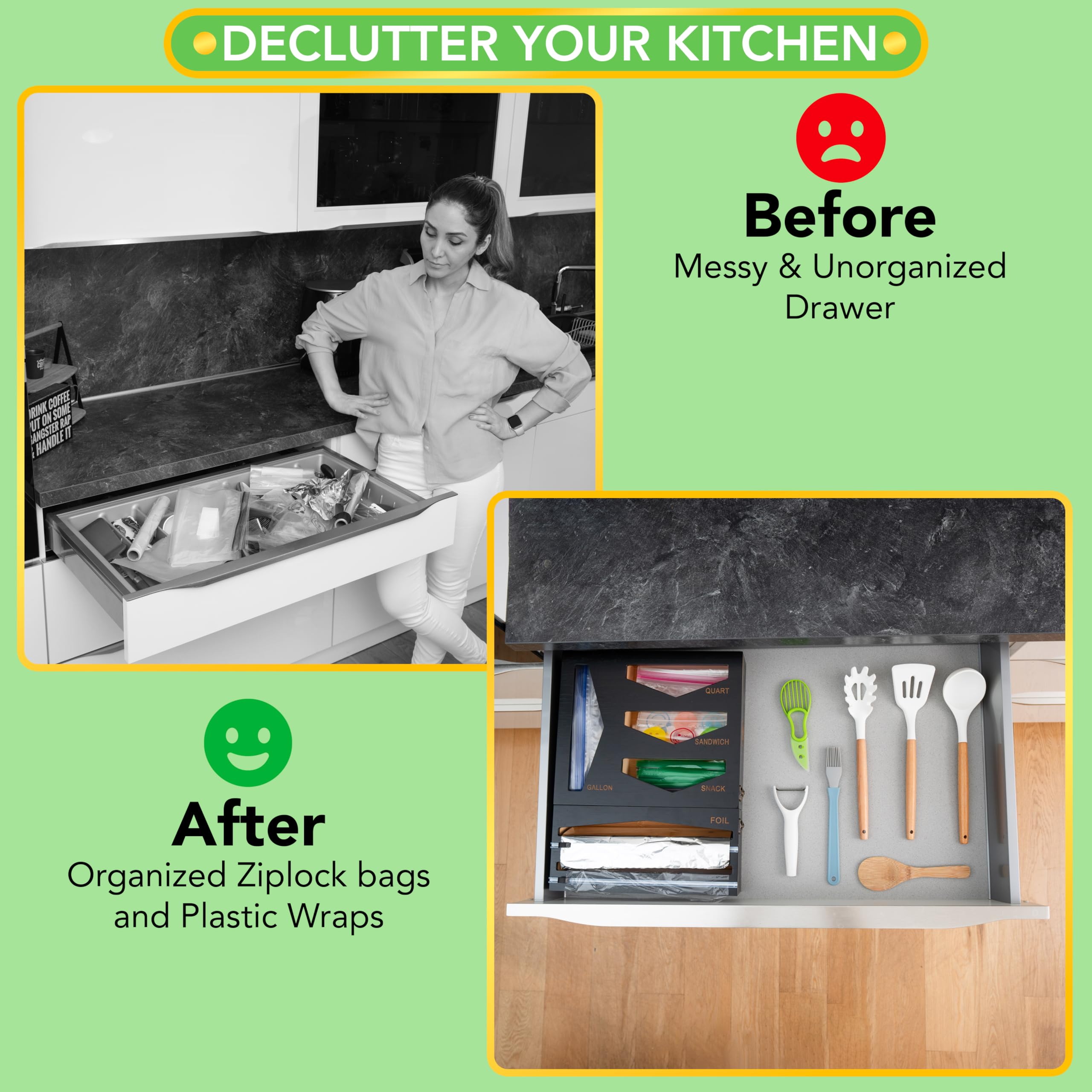 Ziplock Storage Organizer 6in1 Foil and Plastic Wrap Dispenser with Cutter Ziplock Bamboo Bag Storage Organizer for Kitchen Drawer Ziplock Organizer Suitable for Gallon, Quart, Sandwich, Snack