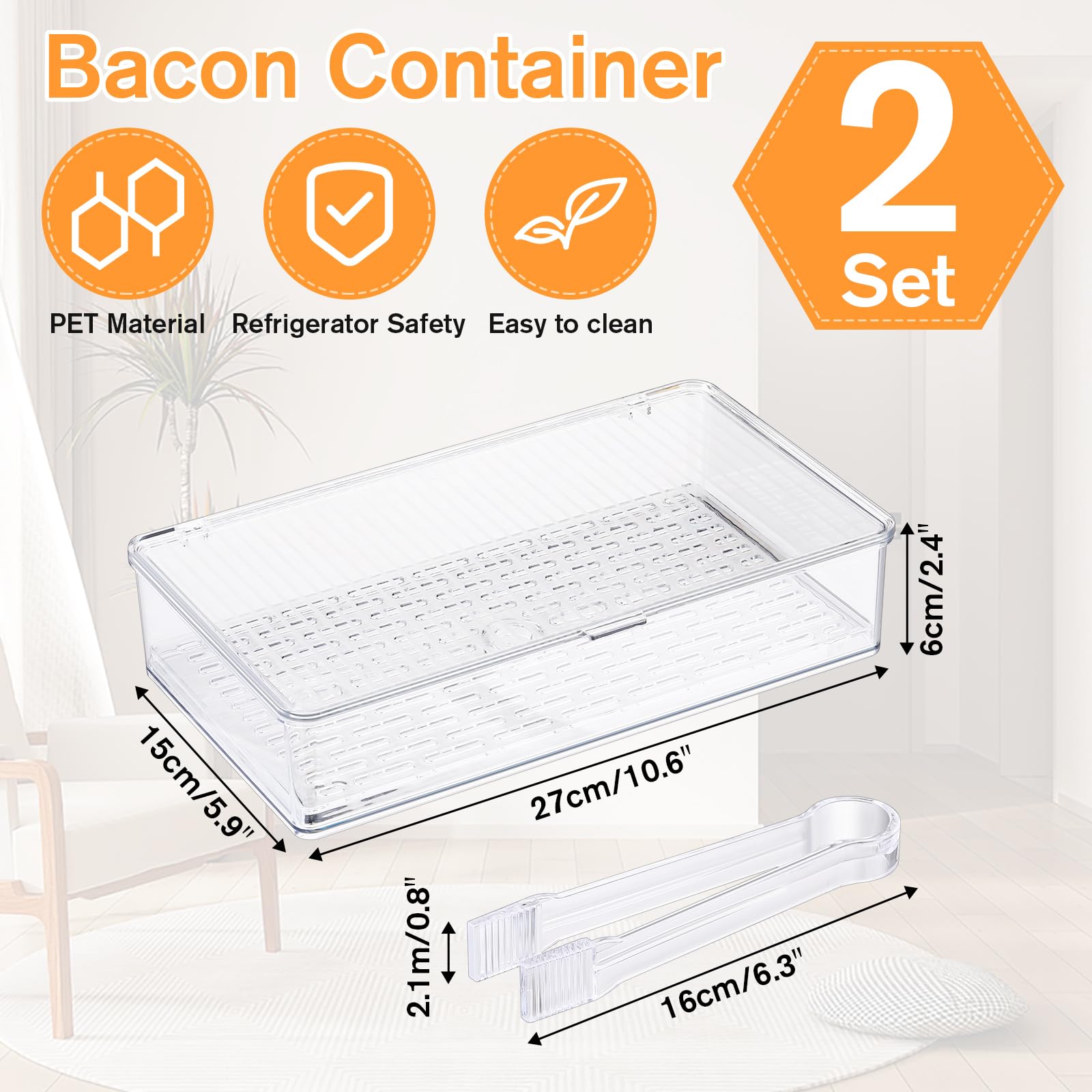 Gandeer 4 Pack Bacon Container for Refrigerator with 2 Acrylic Food Servings Tongs and Drain Plates for Fridge Bacon Holder Deli Meat Cheese Keeper Safe Long Kitchen Food Storage Containers with Lids