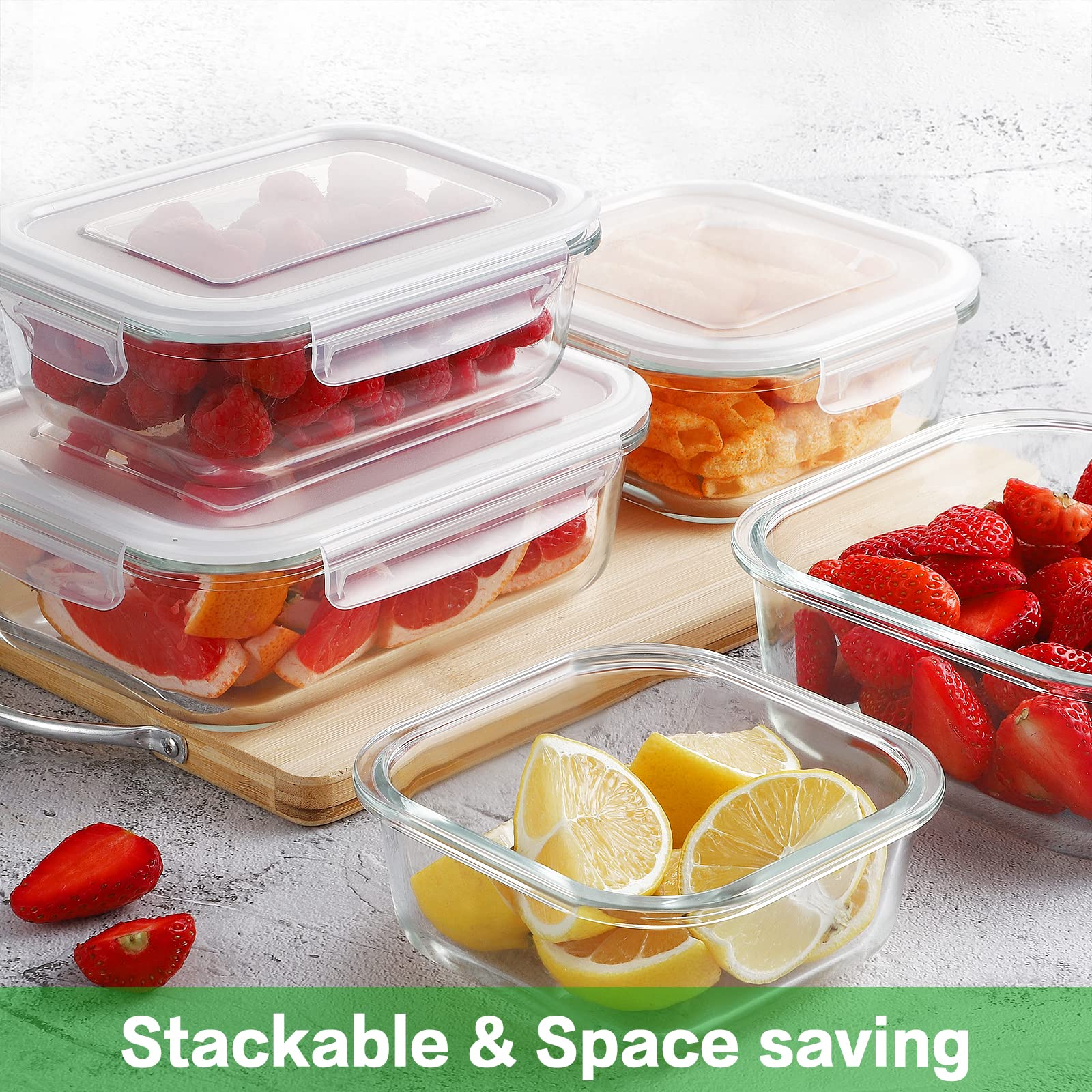 HOMBERKING Large Glass Food Storage Containers with Lids, [12 Piece] Glass Meal Prep Containers, Airtight Glass Bento Boxes, BPA Free & Leak Proof (6lids & 6Containers)(Square & Rectangle)- White