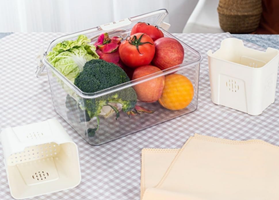 Fruit Containers for Fridge，Fresh Food Containers for Refrigerator，Fruit Containers for Fridge Keep Fresh，Food Box Container with 3 Removable Colanders for Berry，Vegetable, Refrigerator Organizer Bins
