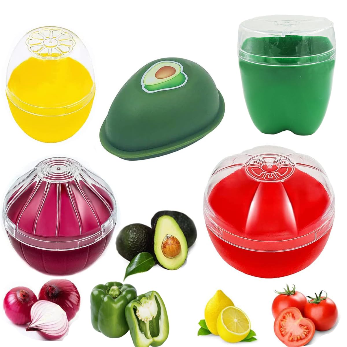 Yamesu 5 Pieces Fruit and Vegetable Shaped Savers Keepers Storage Containers for Fridge, Avocado Green Pepper Tomato Lemon and Onion Keeper/Saver/Holder, Refrigerator Vegetable Crisper