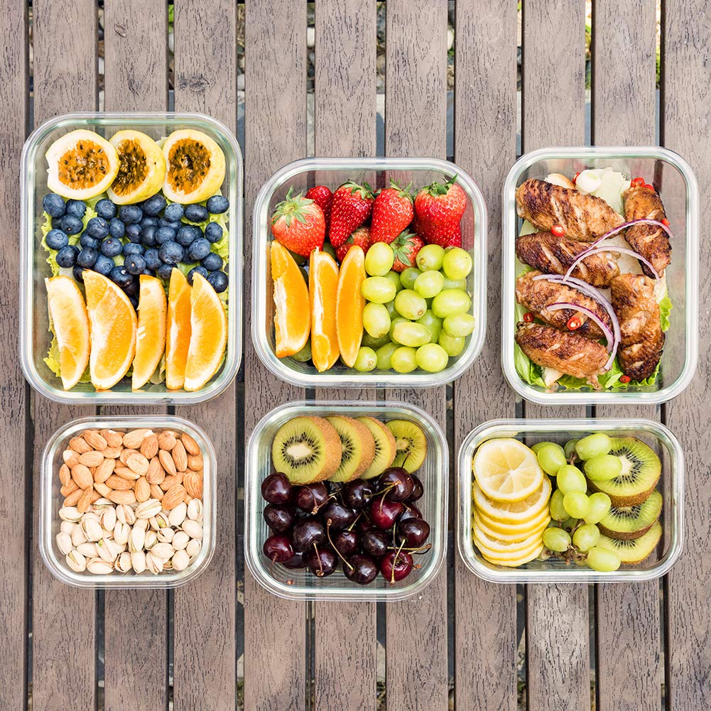 HOMBERKING Large Glass Food Storage Containers with Lids, [12 Piece] Glass Meal Prep Containers, Airtight Glass Bento Boxes, BPA Free & Leak Proof (6lids & 6Containers)(Square & Rectangle)- White