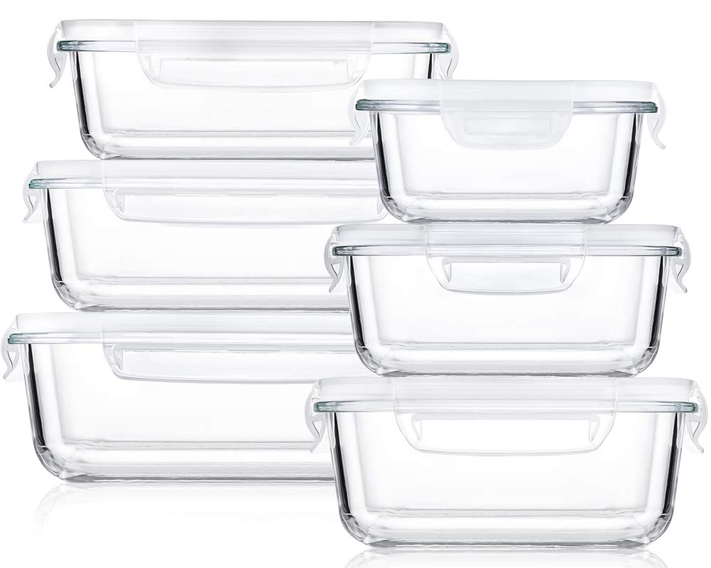 HOMBERKING Large Glass Food Storage Containers with Lids, [12 Piece] Glass Meal Prep Containers, Airtight Glass Bento Boxes, BPA Free & Leak Proof (6lids & 6Containers)(Square & Rectangle)- White