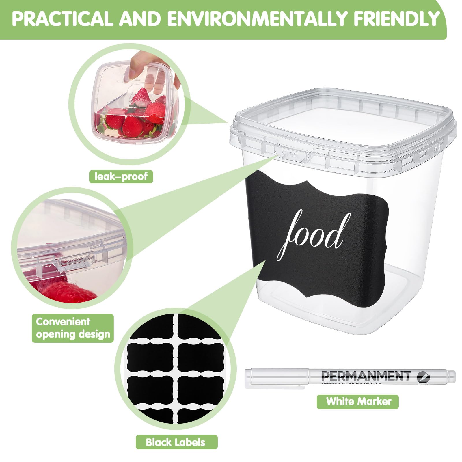 Jinei 50 Pcs Plastic Deli Containers with Lids Clear Square Food Storage Containers Stackable Airtight Square Container with Lids with 9 Labels and Marker for Kitchen Storage Meal Take out (8 oz)