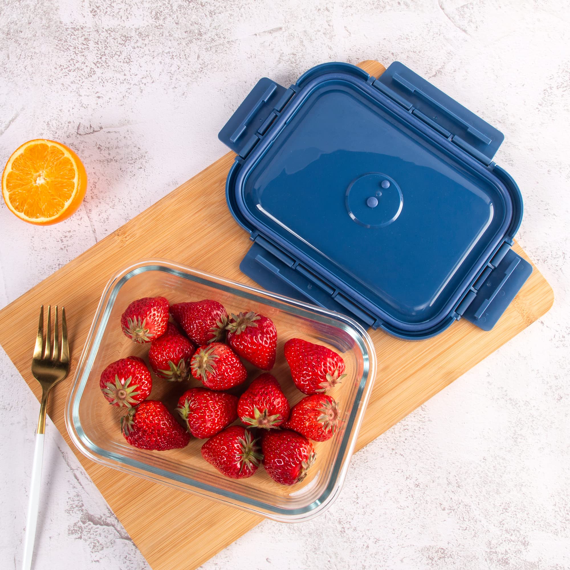 HAKEEMI Glass Food Storage Containers 10 Pack, Glass Meal Prep Containers with Snap Locking Lids Airtight Built in Air Vents, Glass Lunch Containers, Microwave/Dishwasher Safe, Navy Blue