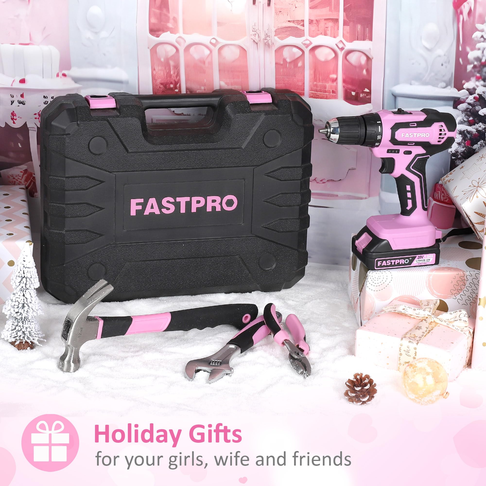FASTPRO 177-Piece 20V Pink Cordless Lithium-ion Drill Driver and Home Tool Set, Lady's Home Repairing Tool Kit with Drill in Tool Storage Case