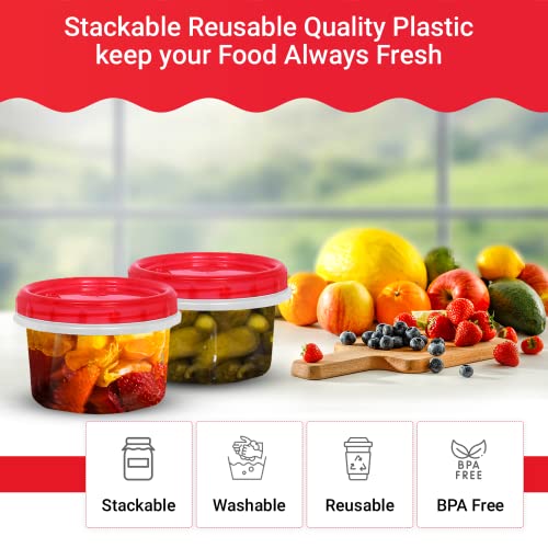 [Red - 12 Pk] Airtight Deli Containers with Lids Twist Lock Top Clear Food Storage for Meal Prep Snacks and Leftovers Freezer and Microwave Safe Stackable Leak-Resistant and 12 Pc. Set (16 Ounce)