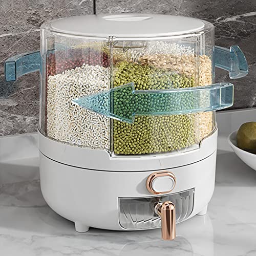 TOPINCN Rice Dispenser, Rotating Dry Food Dispenser PP Plastic Kitchen Grain Storage Container with 6 Compartments Holder for Rice and Beans (White)