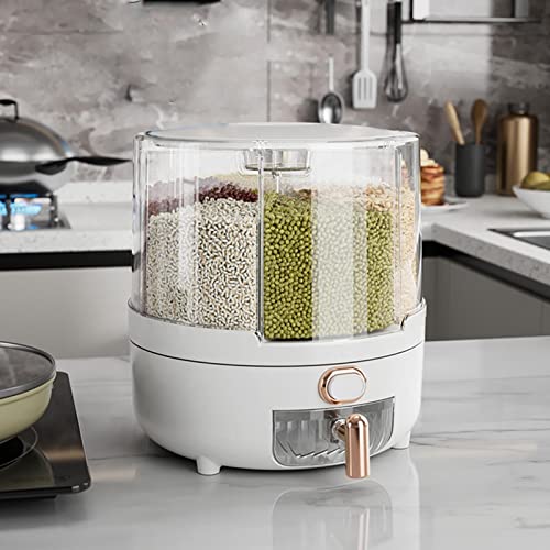 TOPINCN Rice Dispenser, Rotating Dry Food Dispenser PP Plastic Kitchen Grain Storage Container with 6 Compartments Holder for Rice and Beans (White)