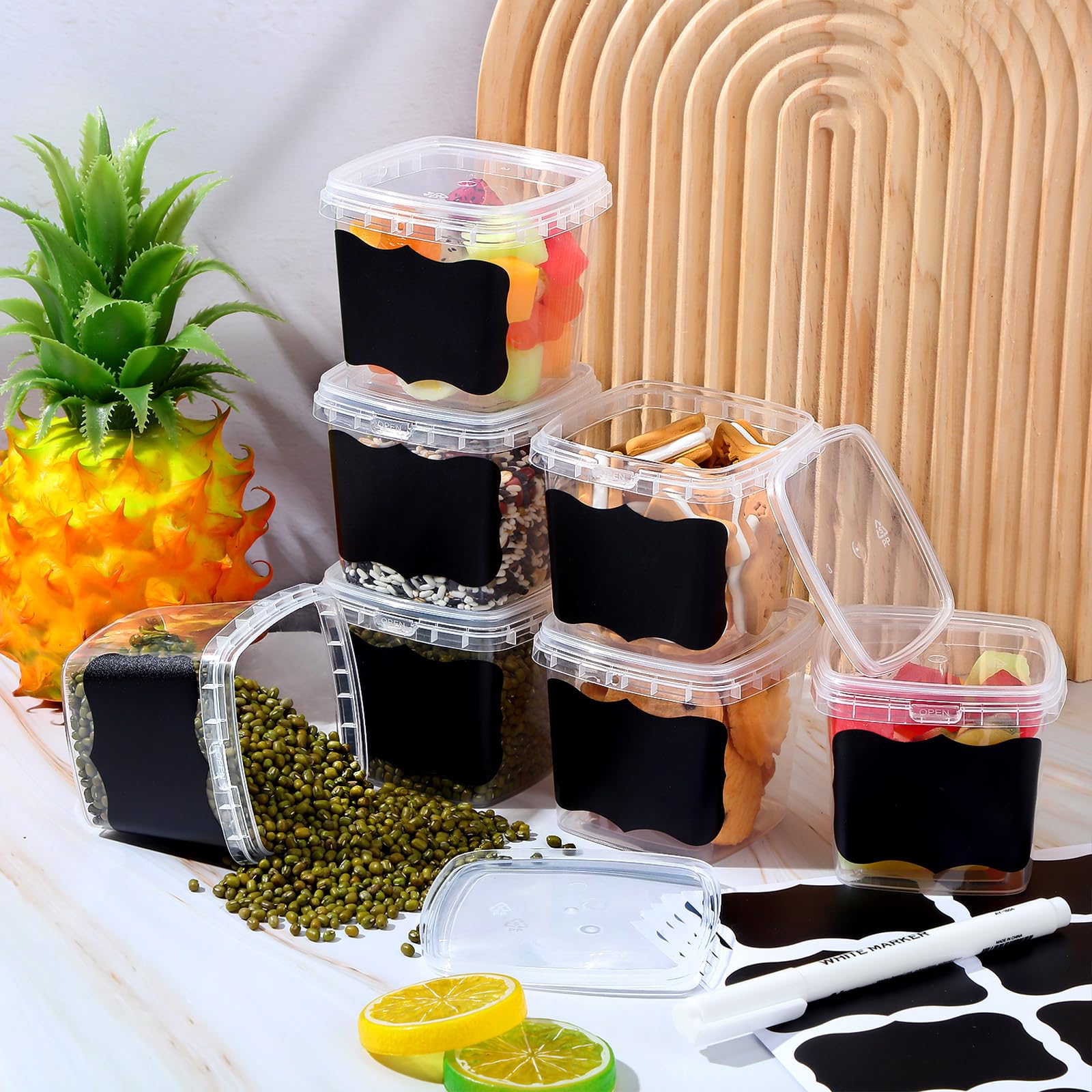 Jinei 50 Pcs Plastic Deli Containers with Lids Clear Square Food Storage Containers Stackable Airtight Square Container with Lids with 9 Labels and Marker for Kitchen Storage Meal Take out (8 oz)