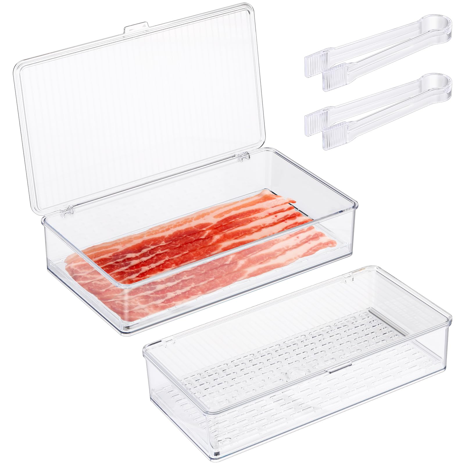 Gandeer 4 Pack Bacon Container for Refrigerator with 2 Acrylic Food Servings Tongs and Drain Plates for Fridge Bacon Holder Deli Meat Cheese Keeper Safe Long Kitchen Food Storage Containers with Lids