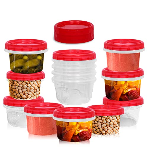 [Red - 12 Pk] Airtight Deli Containers with Lids Twist Lock Top Clear Food Storage for Meal Prep Snacks and Leftovers Freezer and Microwave Safe Stackable Leak-Resistant and 12 Pc. Set (16 Ounce)
