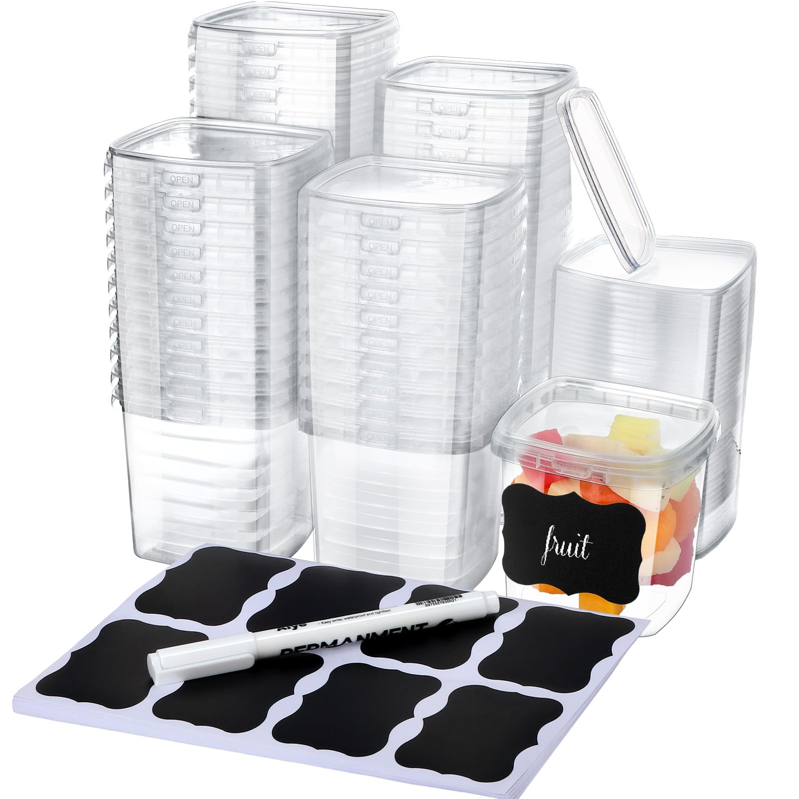 Jinei 50 Pcs Plastic Deli Containers with Lids Clear Square Food Storage Containers Stackable Airtight Square Container with Lids with 9 Labels and Marker for Kitchen Storage Meal Take out (8 oz)