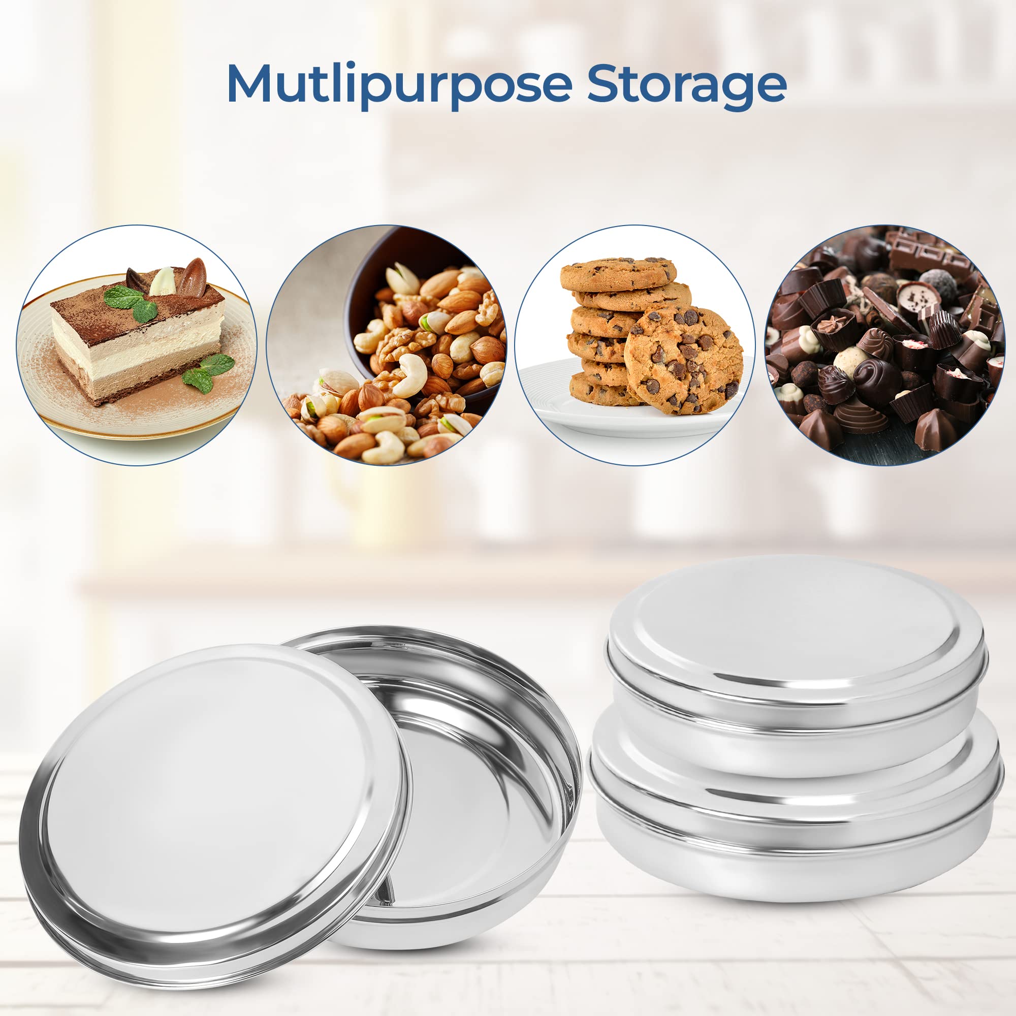 KSJONE Stainless Steel Chocolate Flat Slim and Sleek Canisters/Puri Dabba/Storage Containers Set of 3 Pcs Big Set (23 Oz, 30 Oz, 40 Oz)