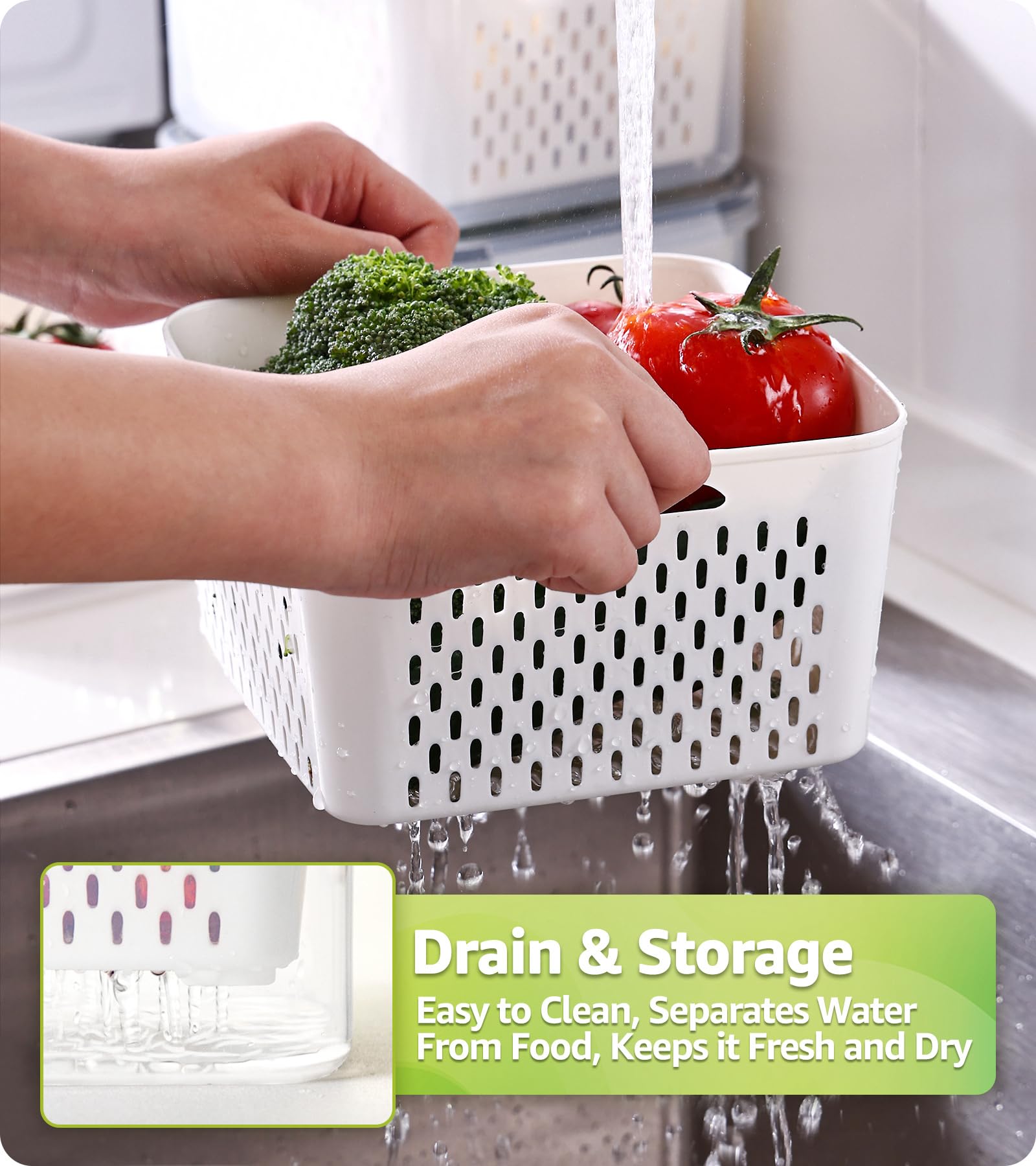Large Produce Saver with Removable Colander and Handle, Vegetable Storage Keeper Airtight Leakproof Keep Fresh Longer Lettuce Containers BPA-FREE Big Size Veggies Banana Fruit Preserver 14 Cup/3.3L