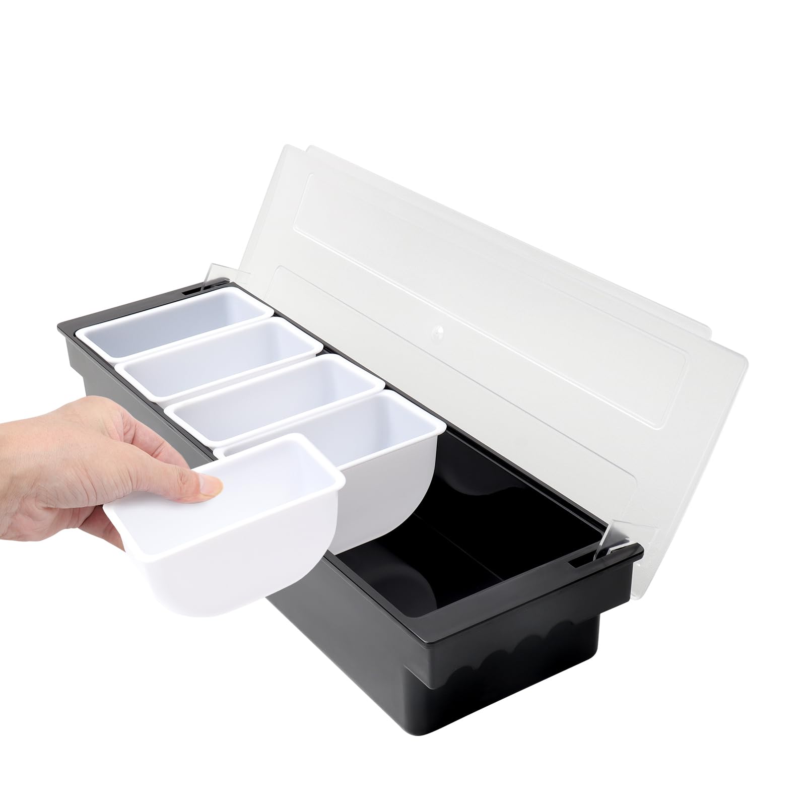 AJinTeby Condiment Caddy with Lid, Ice Chilled 6 Trays Topping Containers of Fruit Veggie, Plastic Storage Food Containers for Bartending and Restaurant Supplies