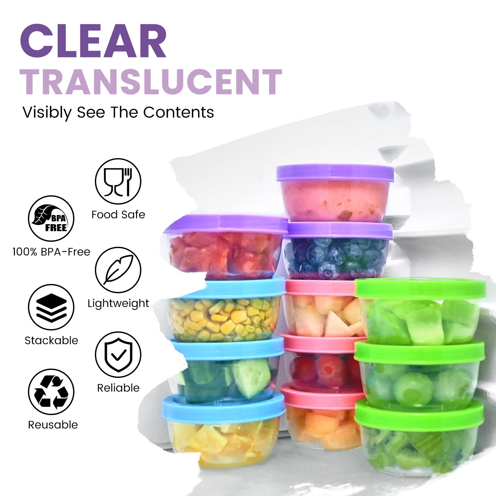 TOFLEN Reusable Small Freezer Containers 5 Oz Plastic Food Storage Containers with Screw On Lids, Leakproof & Airtight, Freezer Safe, Dishwasher Safe, Set of 12 Multicolor