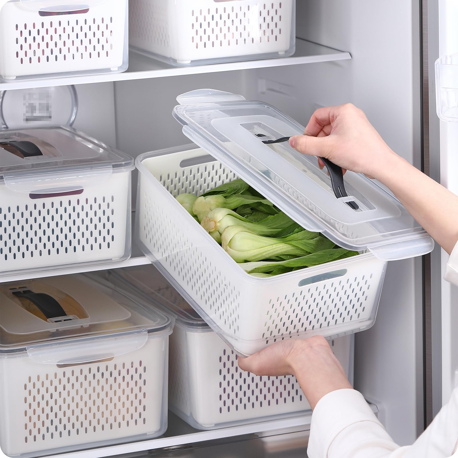 Large Produce Saver with Removable Colander and Handle, Vegetable Storage Keeper Airtight Leakproof Keep Fresh Longer Lettuce Containers BPA-FREE Big Size Veggies Banana Fruit Preserver 14 Cup/3.3L
