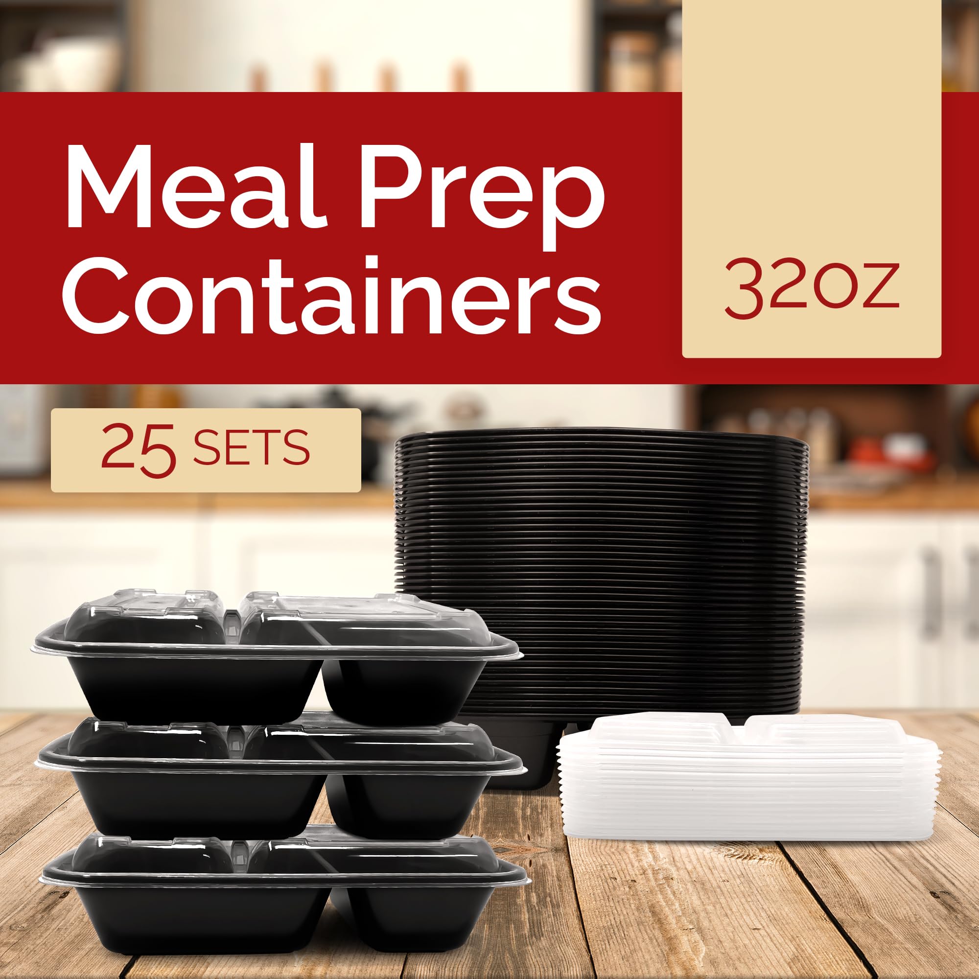 Reli. Meal Prep Containers 32 oz (25 Pack) 2 Compartment Meal Prep Containers Reusable, Microwave Safe | Plastic Togo Box for Food | Boxes for Takeout, To Go, Leftover, Food