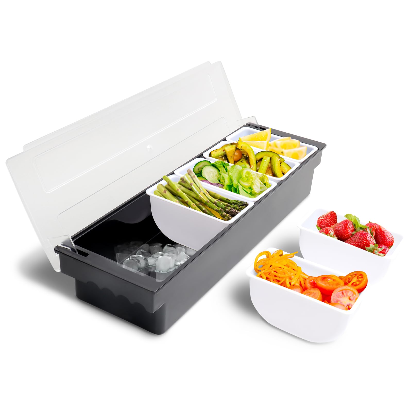 AJinTeby Condiment Caddy with Lid, Ice Chilled 6 Trays Topping Containers of Fruit Veggie, Plastic Storage Food Containers for Bartending and Restaurant Supplies