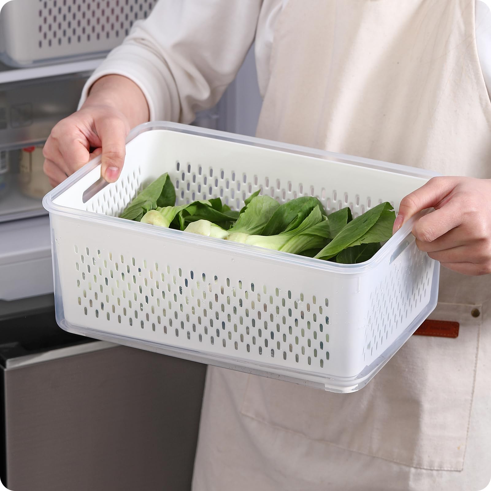 Large Produce Saver with Removable Colander and Handle, Vegetable Storage Keeper Airtight Leakproof Keep Fresh Longer Lettuce Containers BPA-FREE Big Size Veggies Banana Fruit Preserver 14 Cup/3.3L