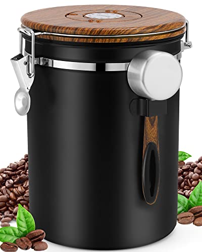 ZWOOS 2 lbs Coffee Canister for Ground Coffee, Coffee Bean Containers, Coffee Storage Airtight Canister with Scoop, 2800 ml (Black+Wood Print Lid)