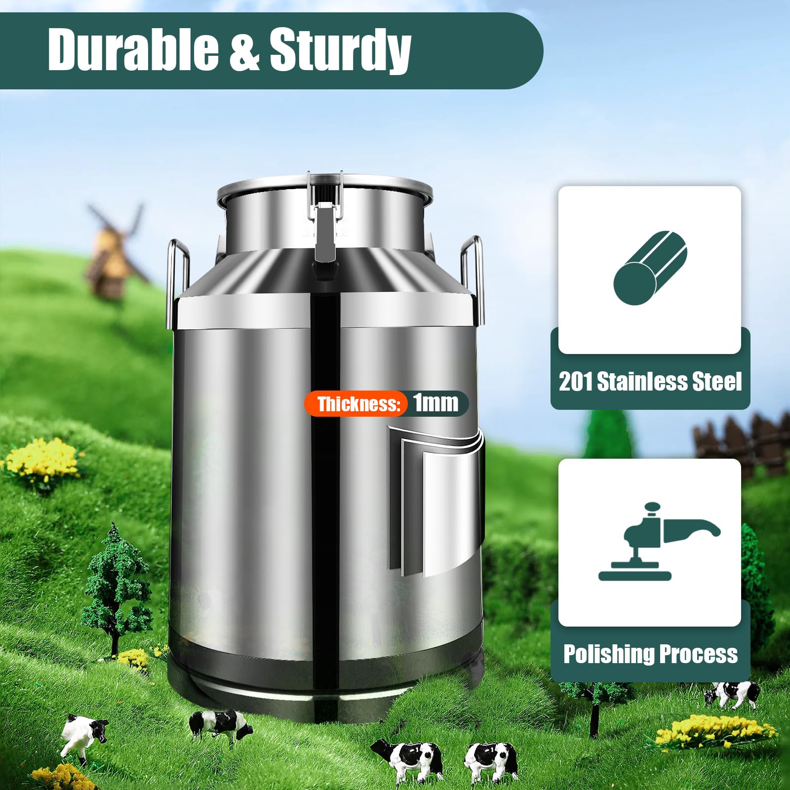EcoTypee 15.85Gal/60L Milk Can - 201 Stainless Steel Milk Jug,Thick Handle with Sealed Lid Heavy Duty Milk Bucket Wine for Kitchen, Rice Cereal Grain Canisters Container